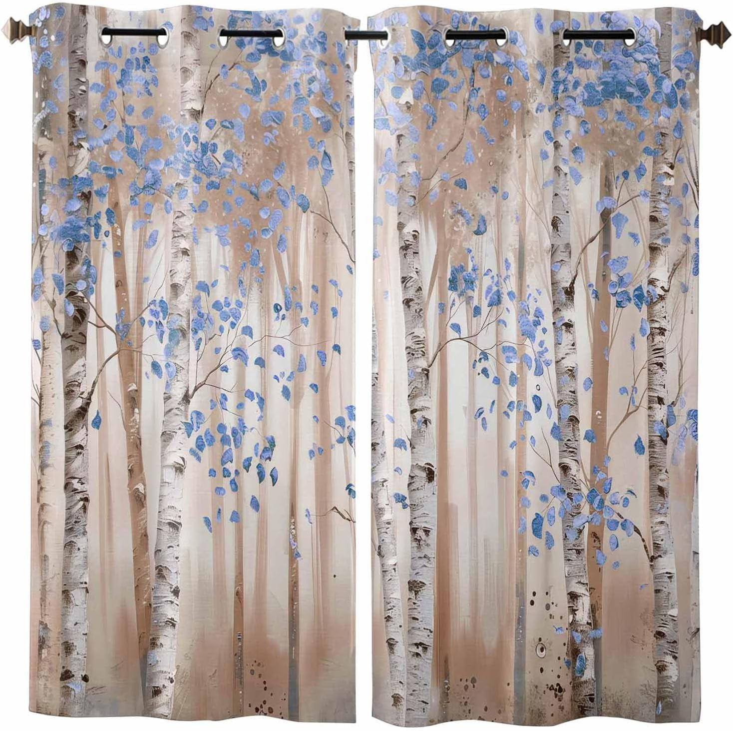 Blue Abstract Tree Window Curtains,Contemporary Forest Painting Smear ...