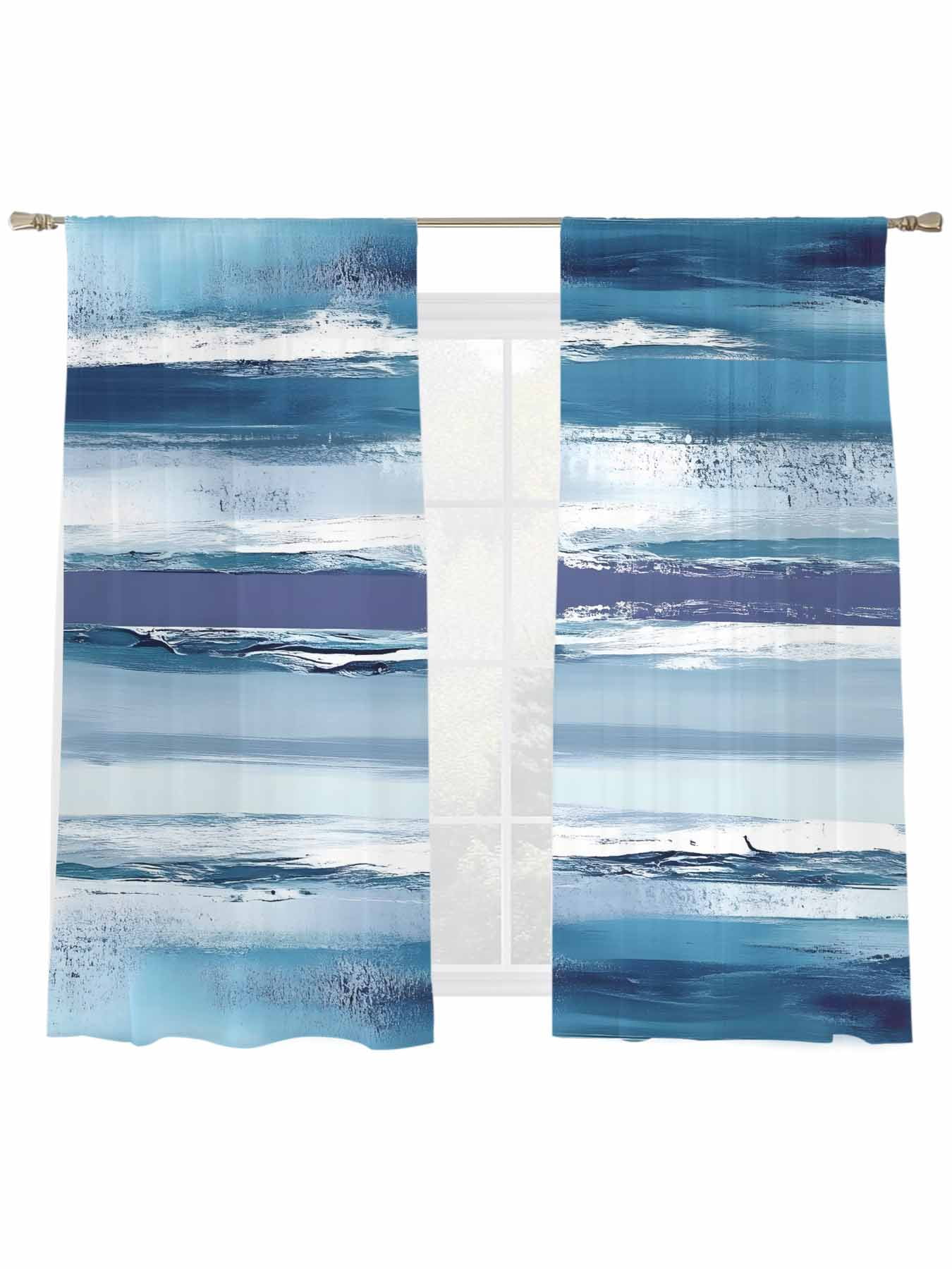 Blue Abstract Wave Sheer Curtains for Living Room Bedroom, Light ...