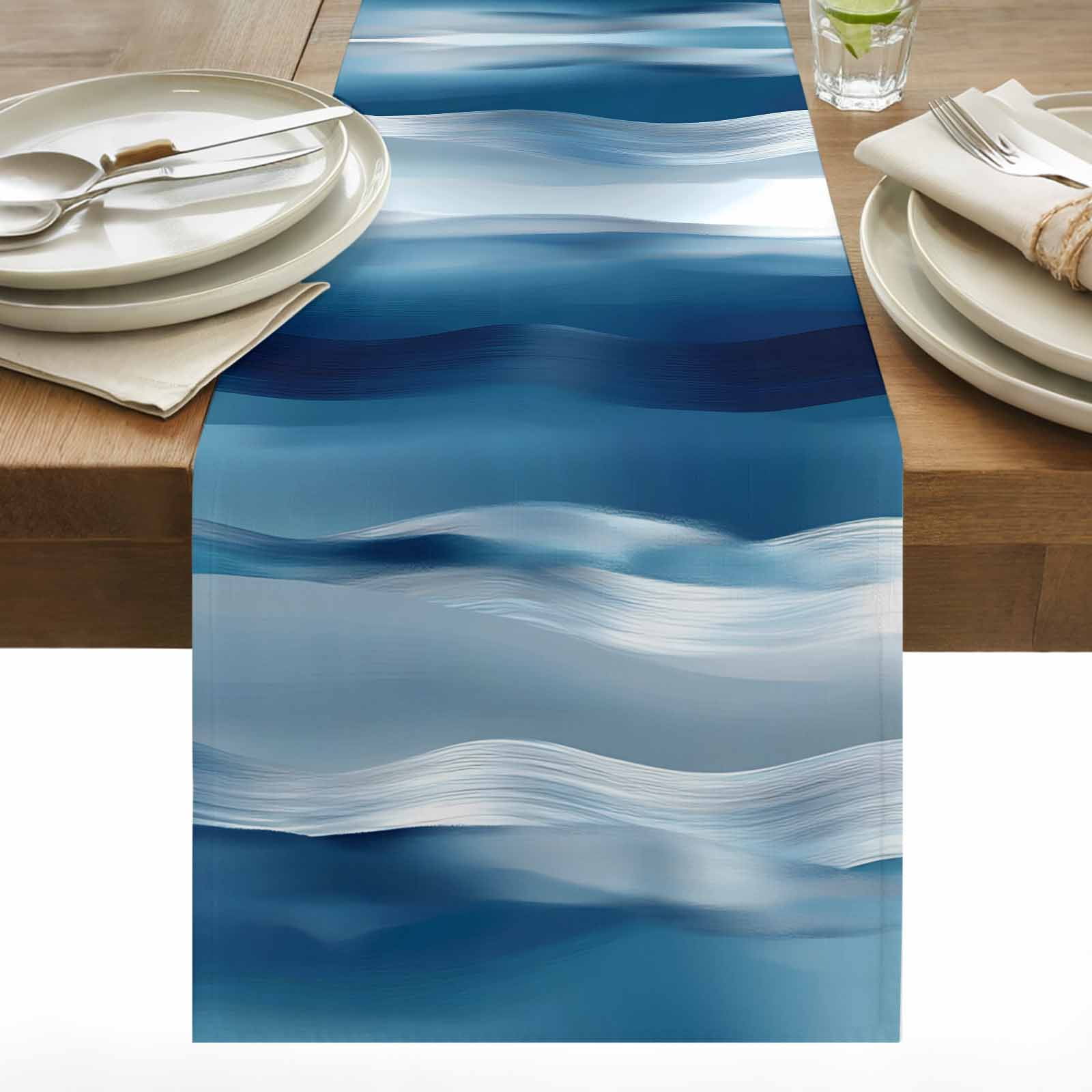 Blue Abstract Wave Table Runner 13x72 inch Watercolor Ripple Cotton ...