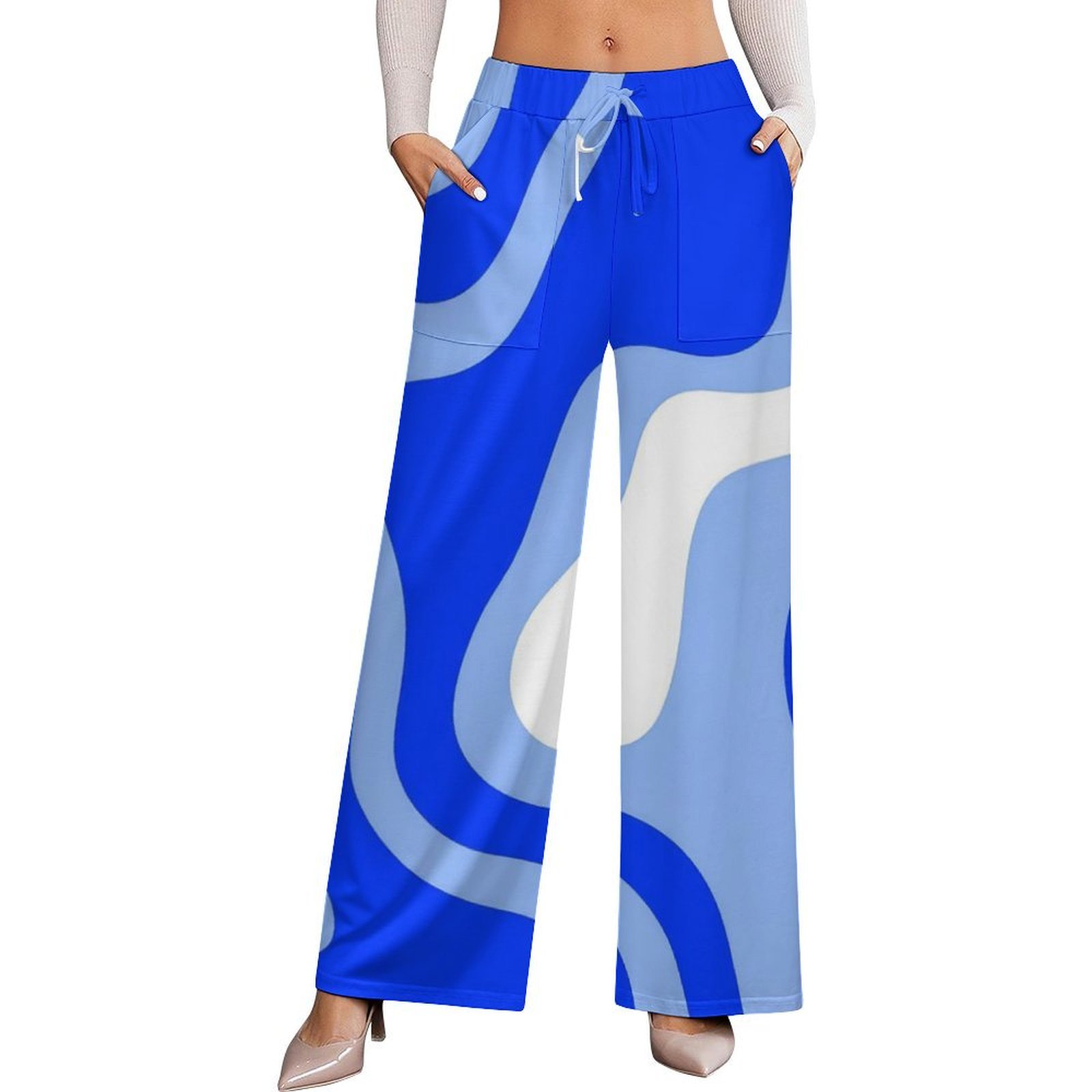 Blue Abstract Wavy Paper Art Women's Casual Wide Leg Pants Comfort ...