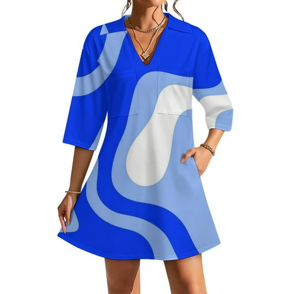 Blue Abstract Wavy Paper Art Womens Dress With Pockets Summer V Neck 3/ ...
