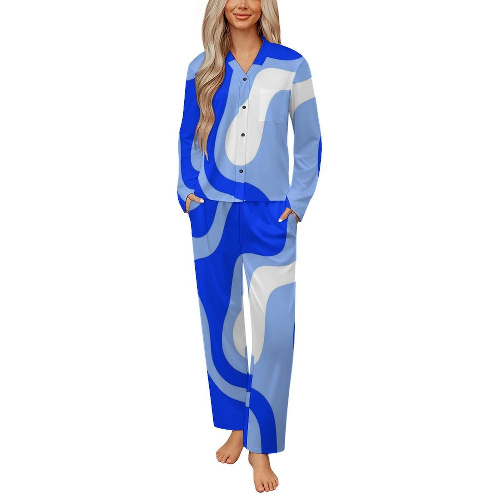 Blue Abstract Wavy Paper Art Womens Pyjamas Set Button Up Pyjamas ...