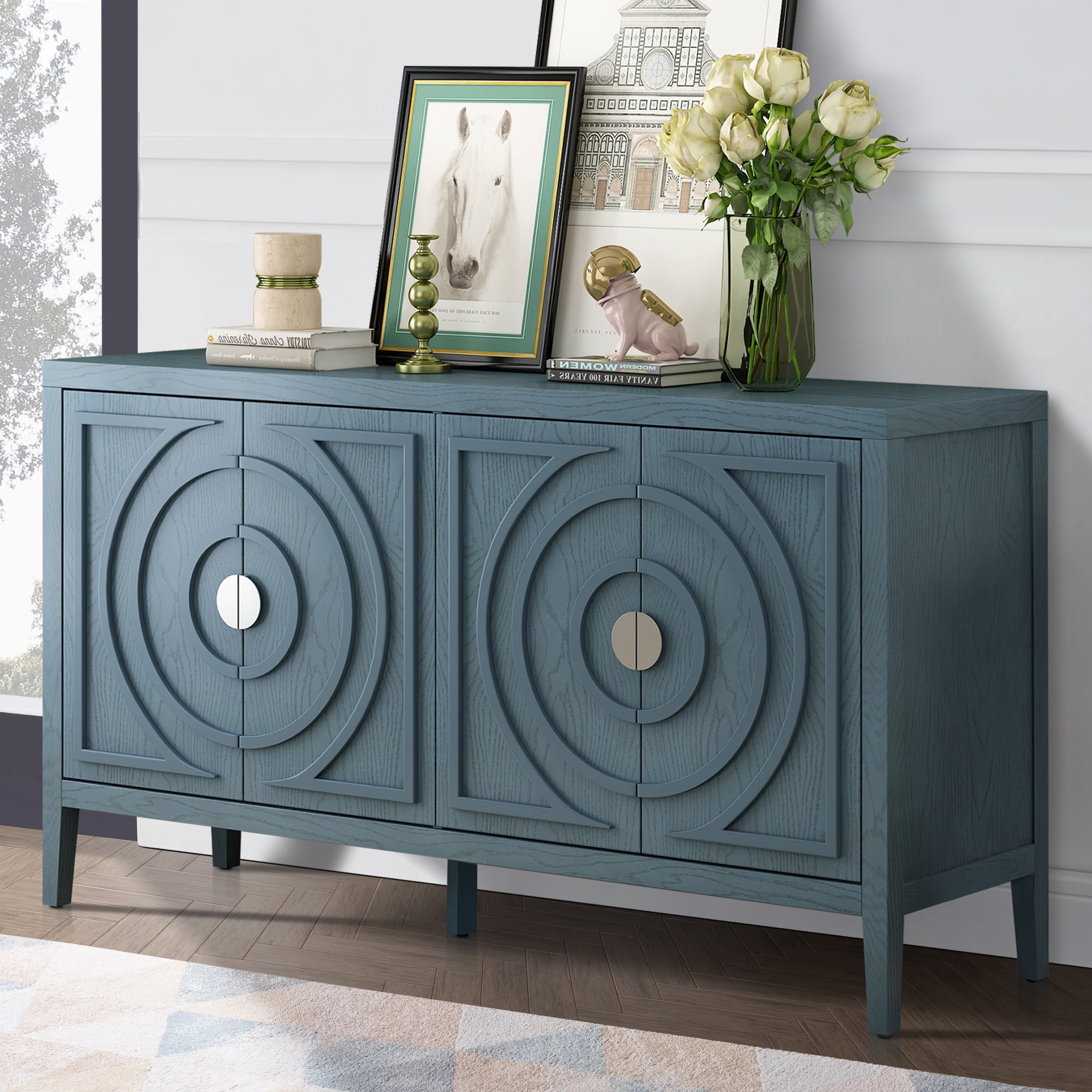 Blue Accent Cabinet with 4 Circular Groove Doors, FURNINEST Storage ...