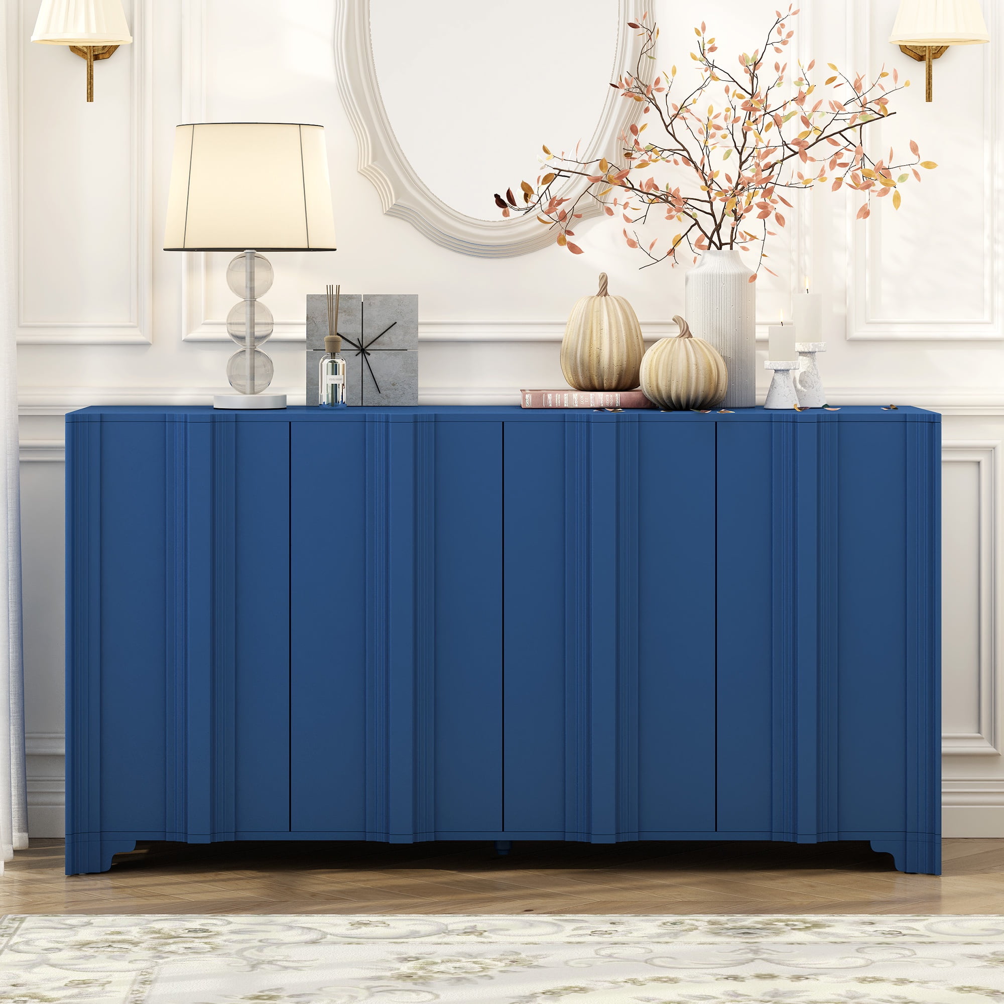 Blue Accent Cabinet, Atumon Buffet Cabinet with Wave Pattern Design, Storage Cabinet with 4 ...
