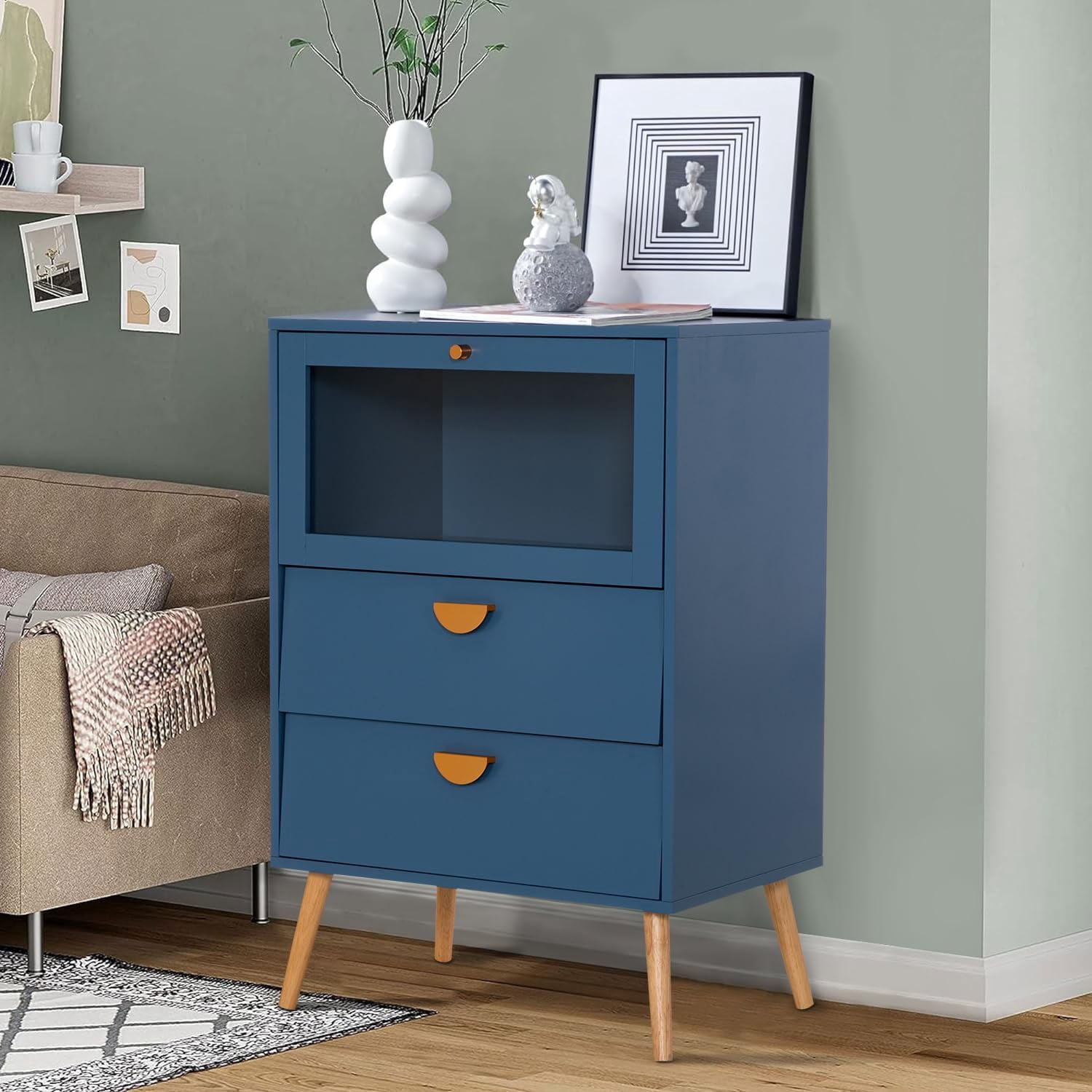 Blue Accent Storage Cabinet Buffet Sideboard Cabinet with Glass Doors ...