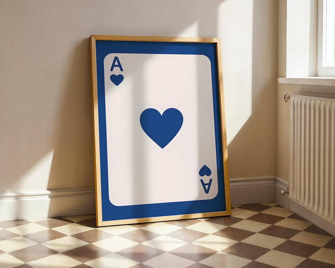 Blue Ace of Hearts Playing Card Minimalist Retro Trendy Wall Decor ...