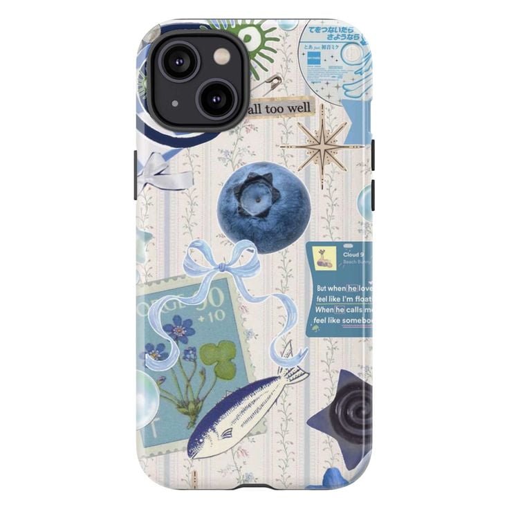Blue Aesthetic Collage Phone Case, Blueberry Fish & Stamp Motif Cover ...