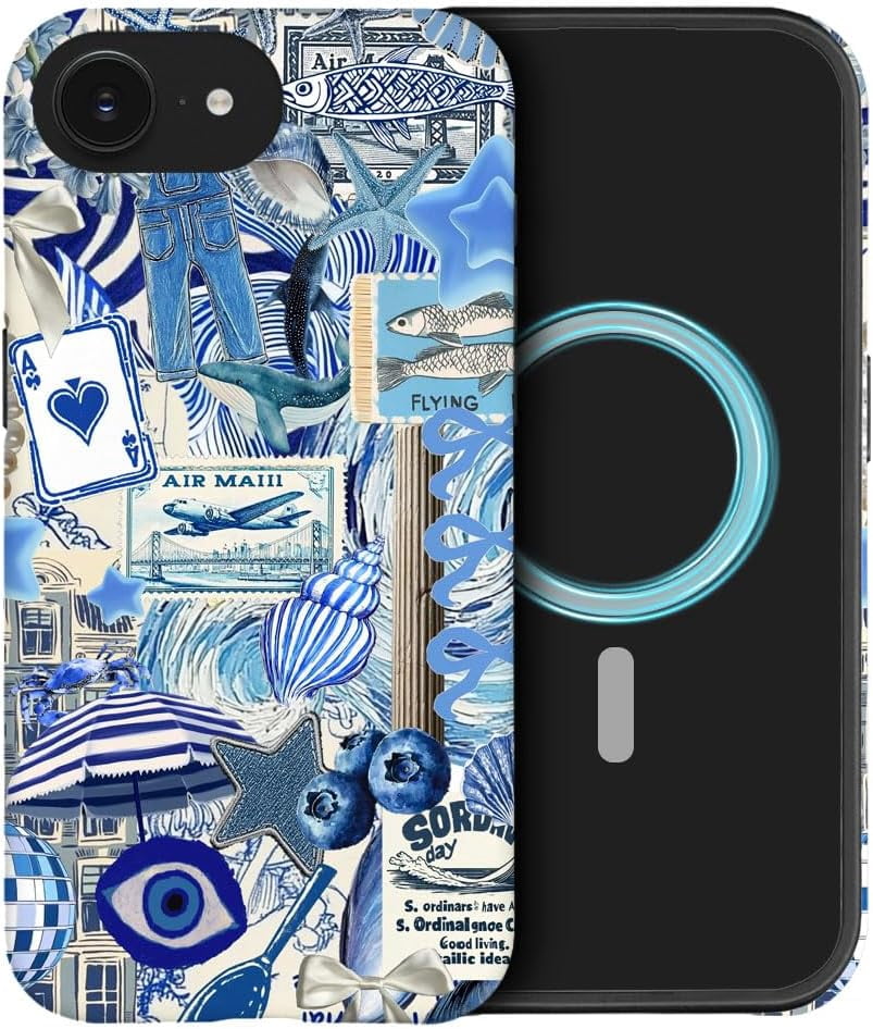 Blue Aesthetic Collage Phone Case, Evil Eye Coquette Bow Vintage Stamp ...