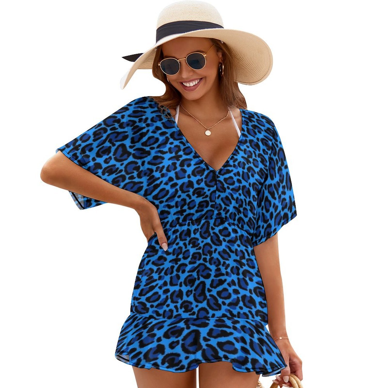Blue Aesthetic Leopard Print Beach Cover Ups Women V Neck Short Sleeve ...