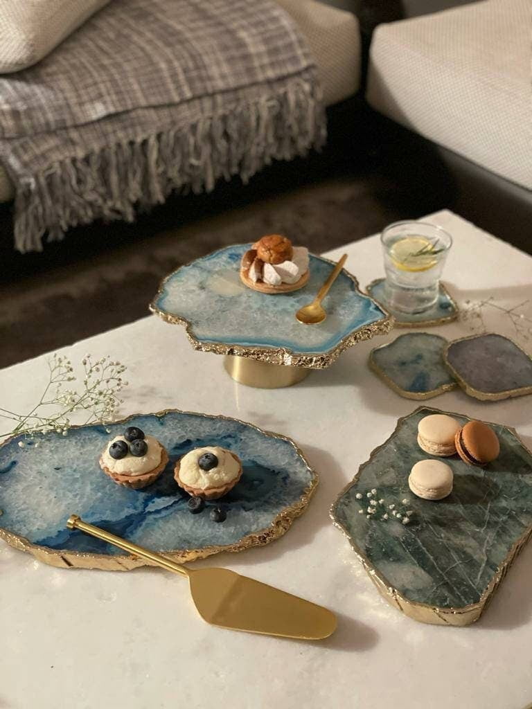 Blue Agate Cheese Board, Natural Agate Slice Crystal Platter Tray with ...