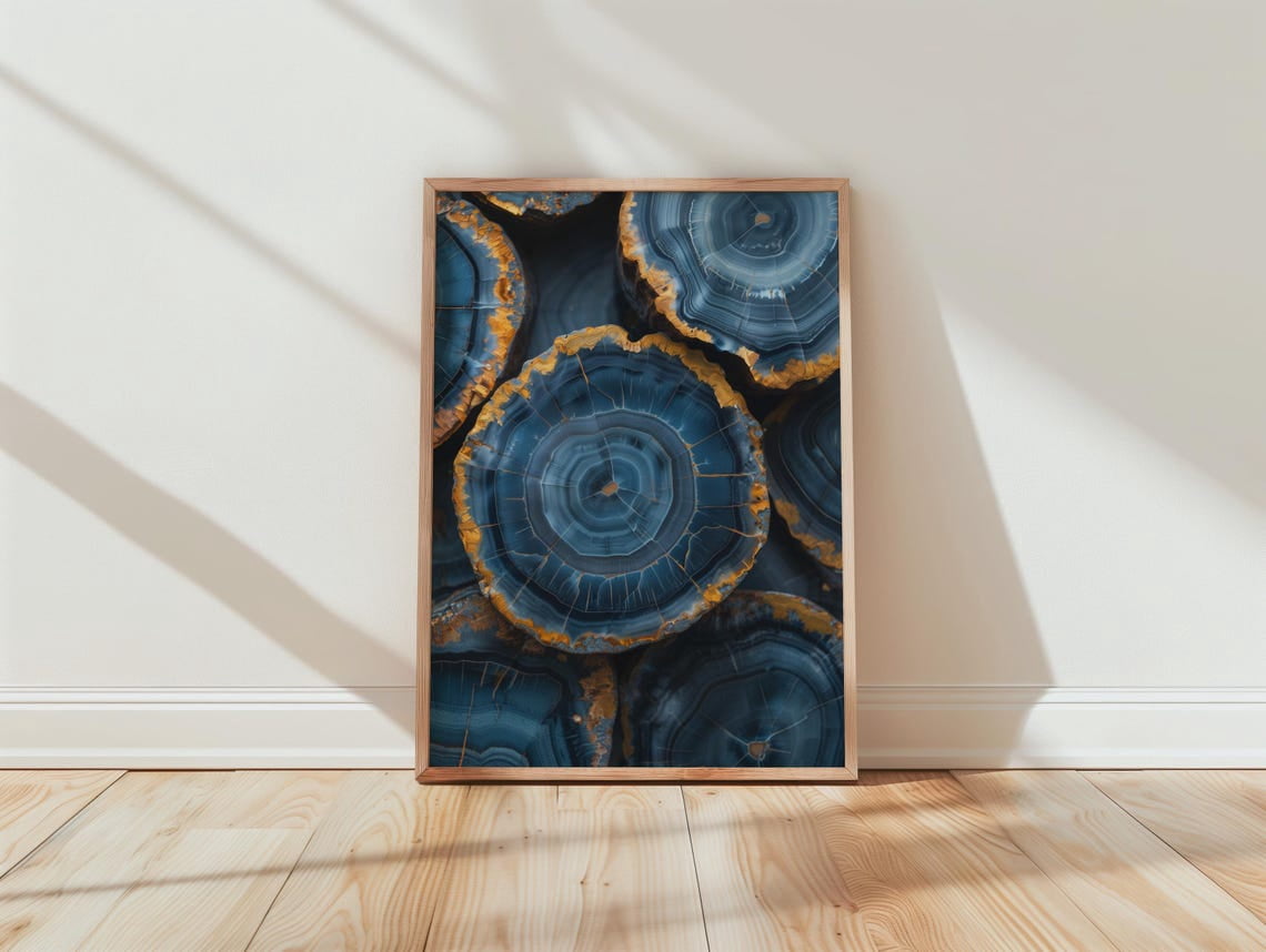 Blue Agate Geode Wall Art Gold Edged Crystal Poster Modern Living Room ...