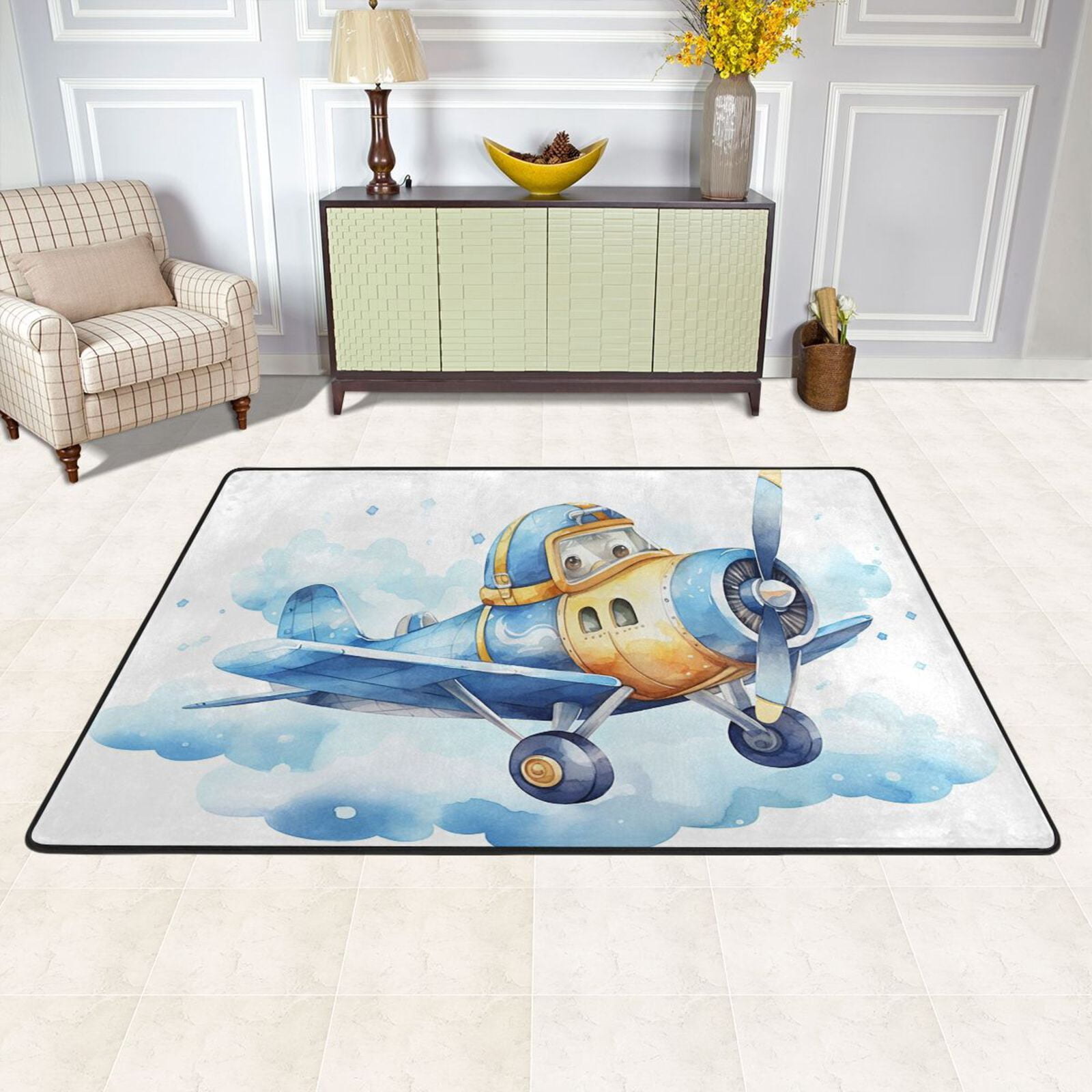 Blue Aircraft Airplane Clouds Area Rug Washable 72 x 48 Floor Carpet ...