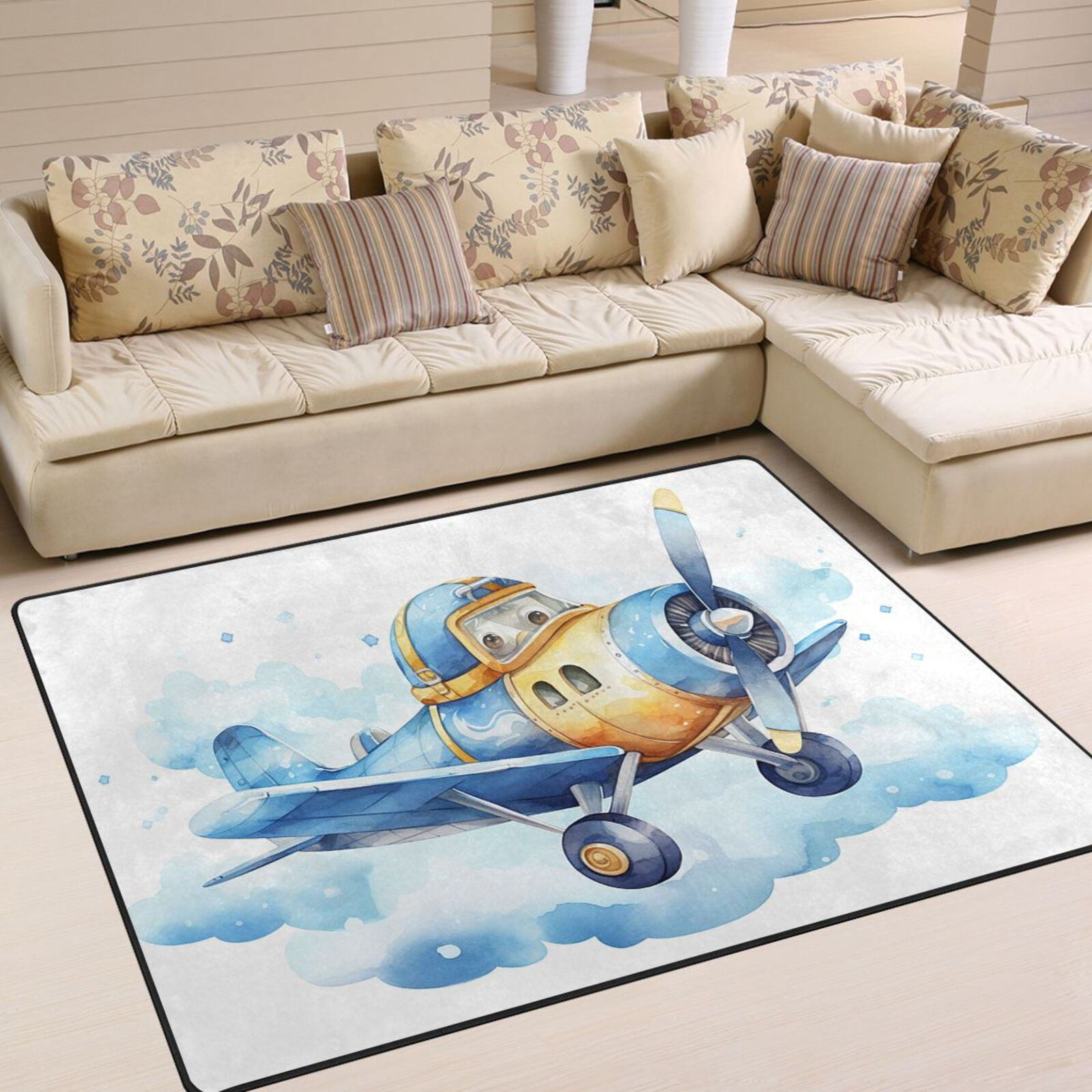 Blue Aircraft Airplane Clouds Area Rug Washable 80 x 58 Floor Carpet ...