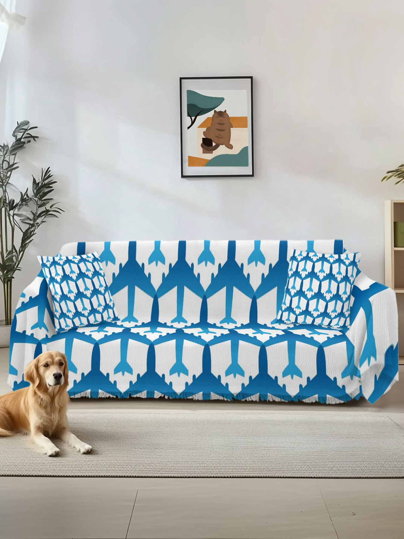Blue Aircraft Couch Cover for 2 Cushion Sofa, Modern Abstract Art ...