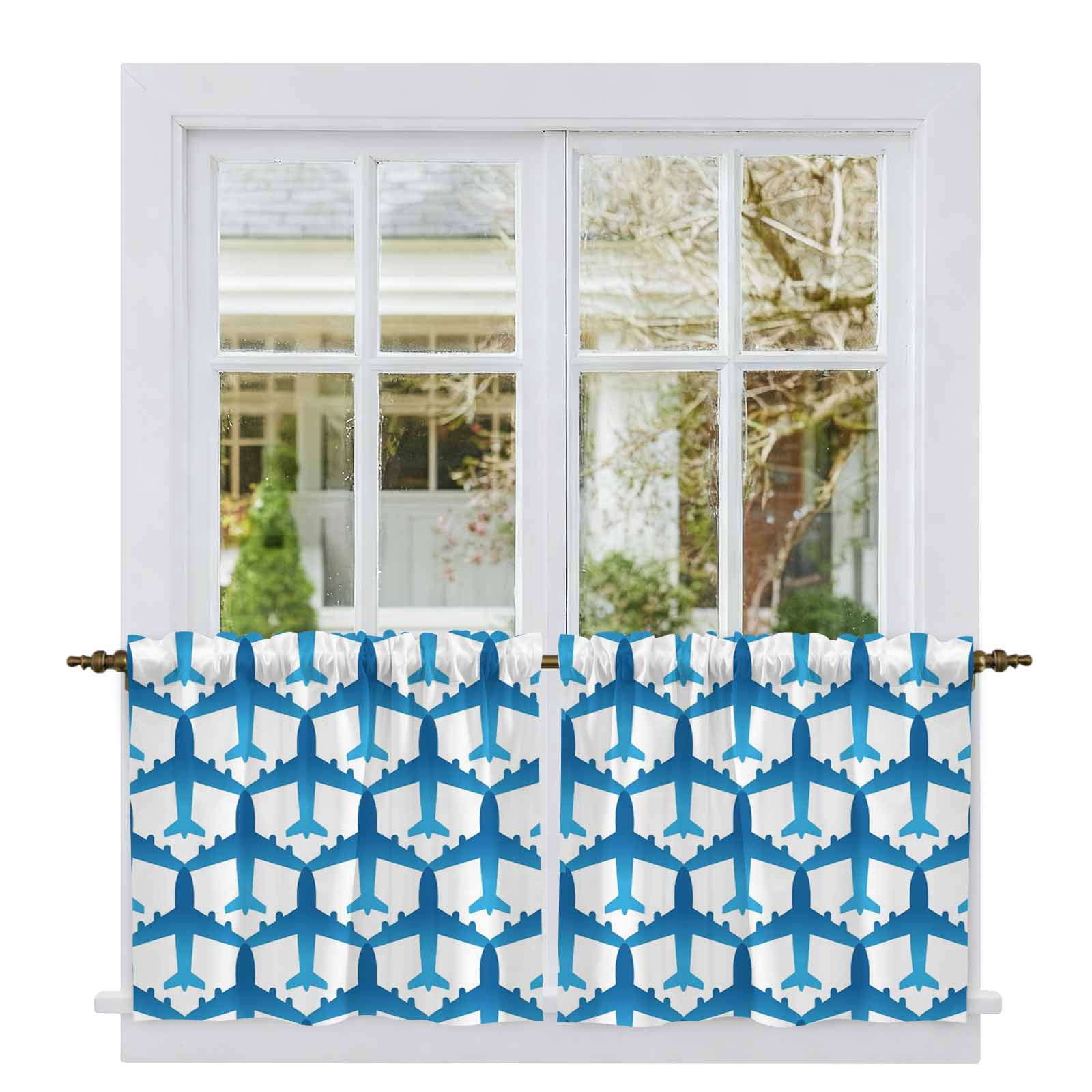 Blue Aircraft Tier Curtains 36 Inch Length, Modern Abstract Art ...