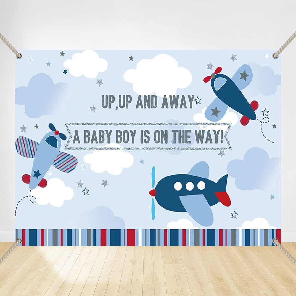 Blue Airplane Baby Shower Backdrop Up Up and Away Boys Party Background ...