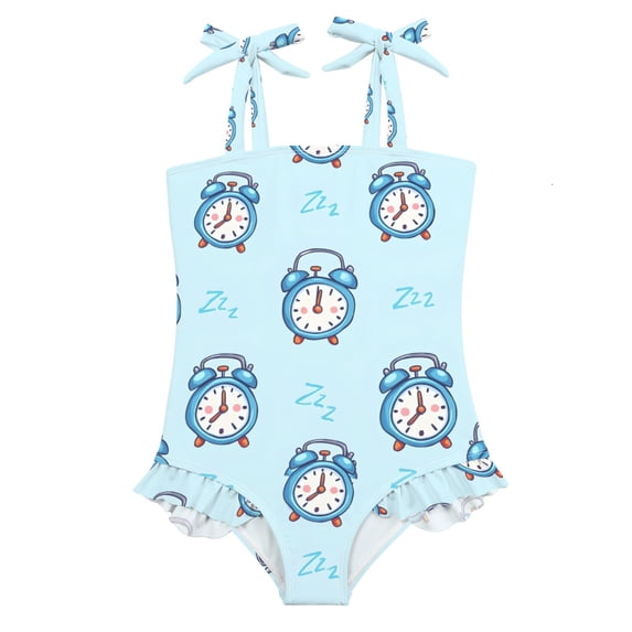 Blue Alarm Clock Pattern Girls' One-Piece Swimsuit Bowknot Tie Shoulder ...