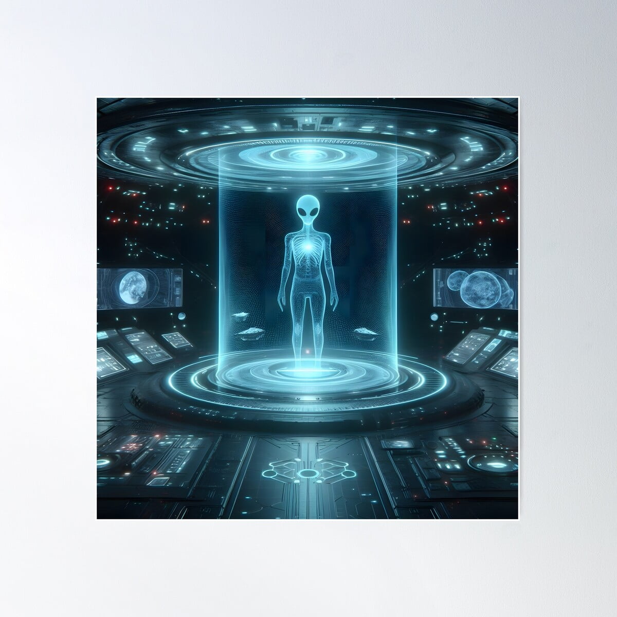Blue Alien Hologram Inside Ufo Poster Wall Art, Modern Wall Decor For ...