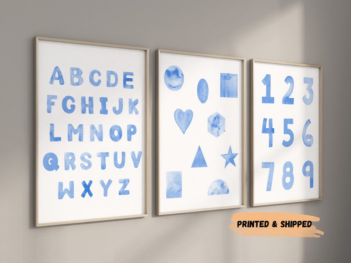 Blue Alphabet Nursery Wall Art Set 3 Unframed Paper Print 8x12 ...