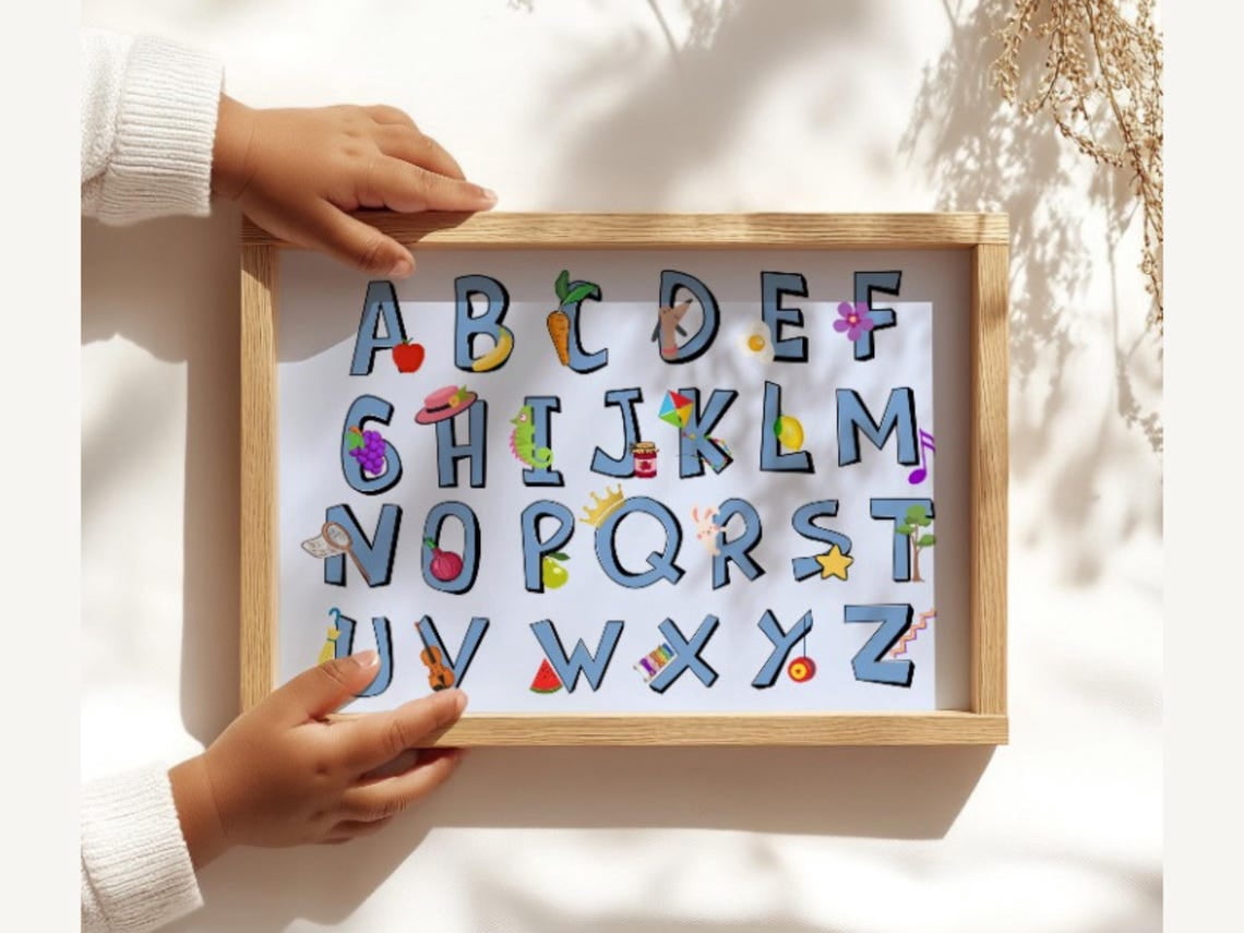 Blue Alphabet Wall Art, Horizontal A–Z Kids Poster, Illustrated Letters ...