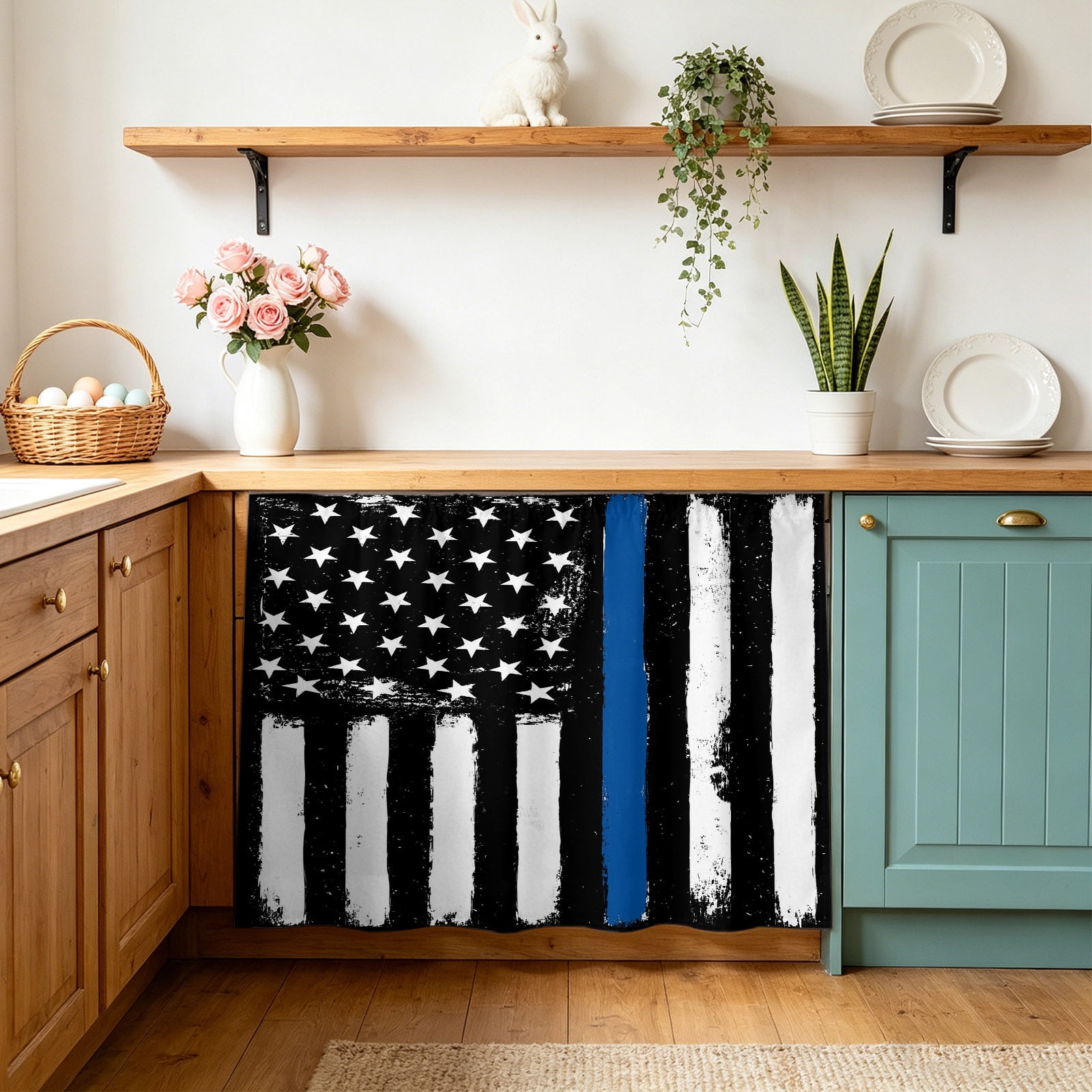 Blue American Flag Cabinet Curtain 28"Wx35"L,Dustproof Under Sink Skirt ...