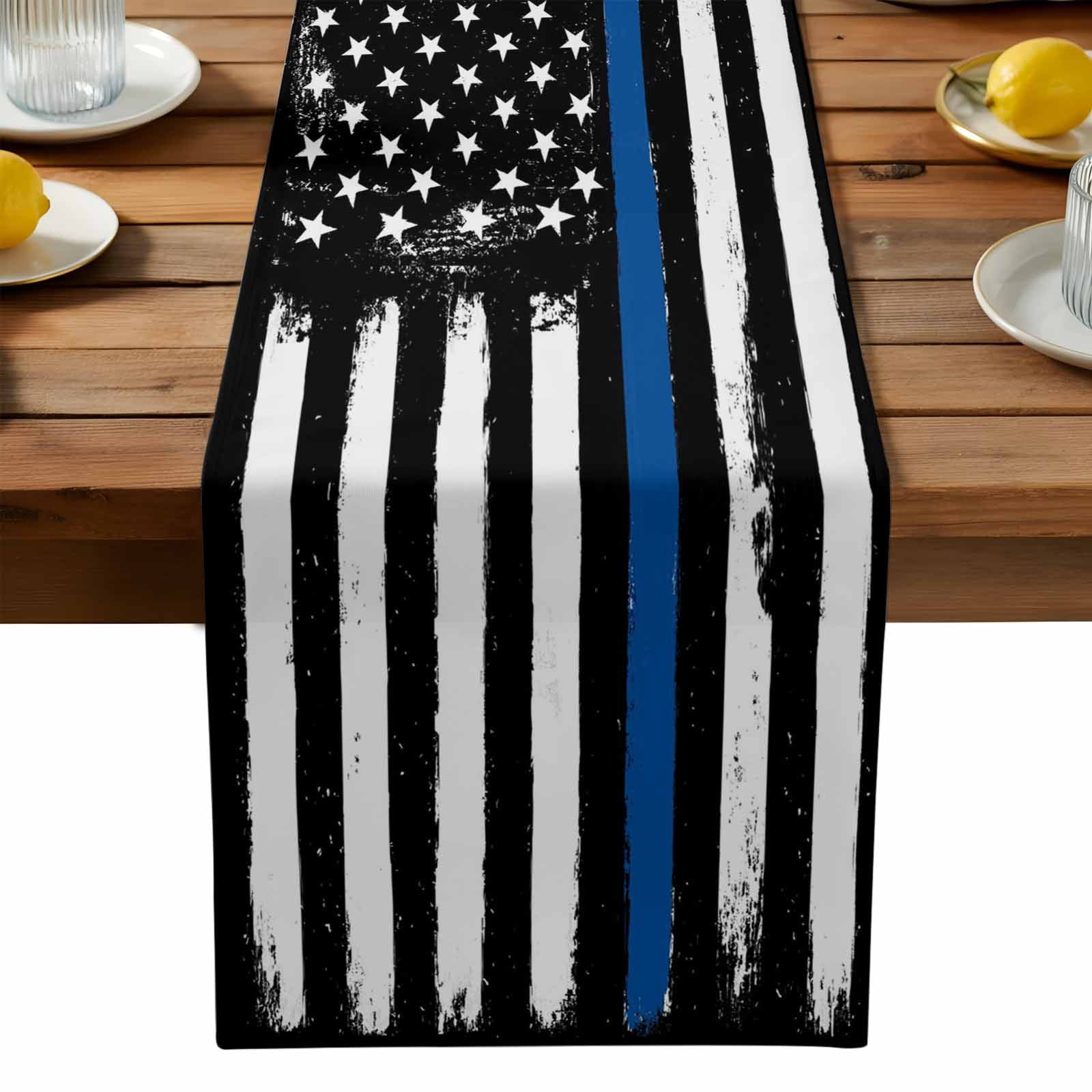 Blue American Flag Cotton Linen Table Runner for Dining Kitchen, Black ...
