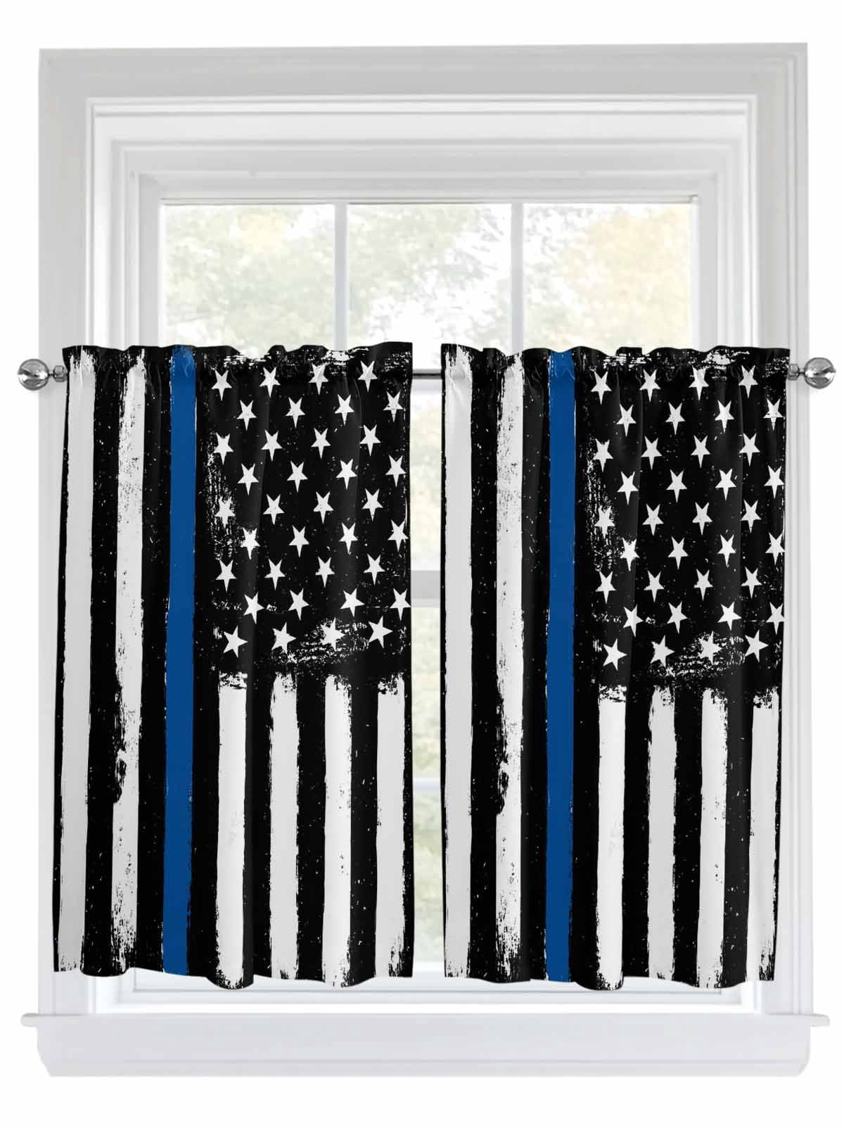 Blue American Flag Kitchen Curtains 45 Inch Length, Black White Stars ...