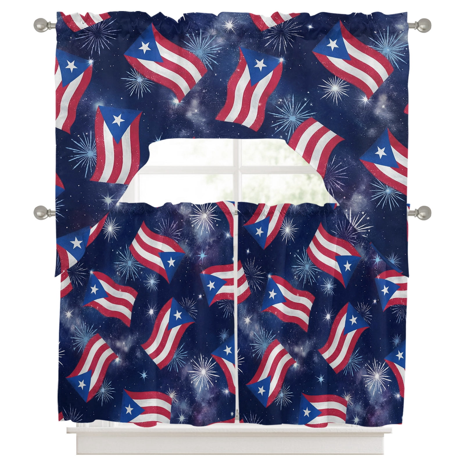 Blue American Flag Kitchen Curtains Swag Valance and Tier Curtains Set ...