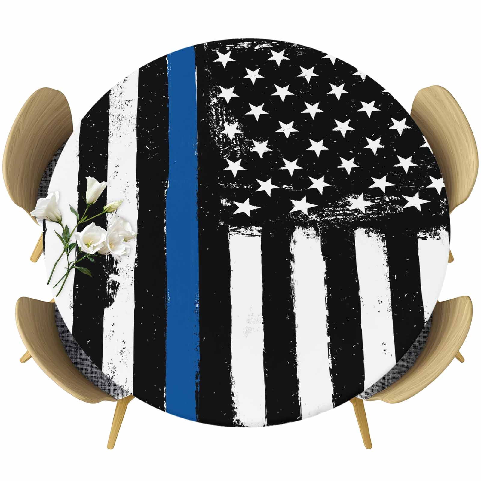 Blue American Flag Round Tablecloth, Fitted Table Cover with Elastic ...