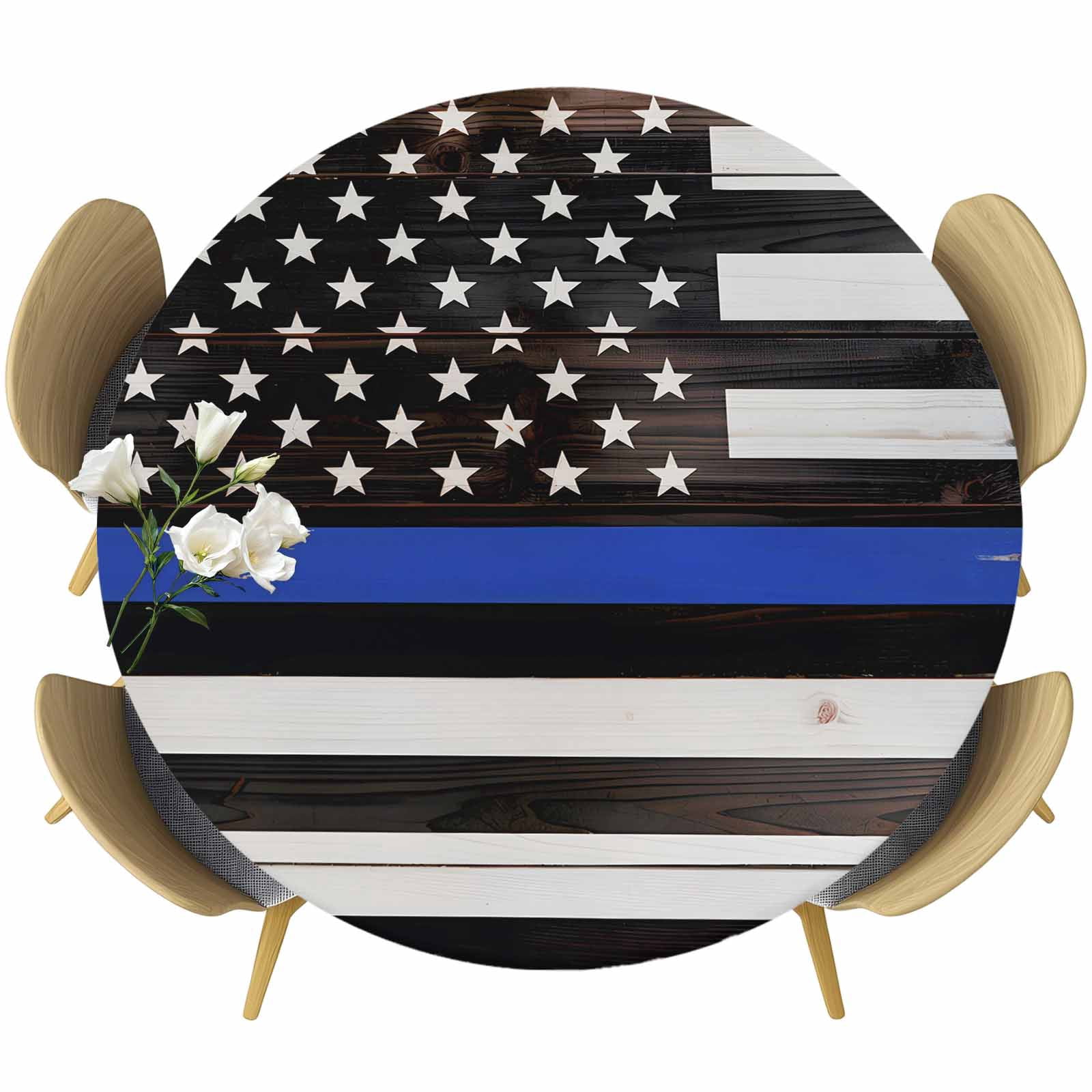 Blue American Flag Round Tablecloth, Fitted Table Cover with Elastic ...