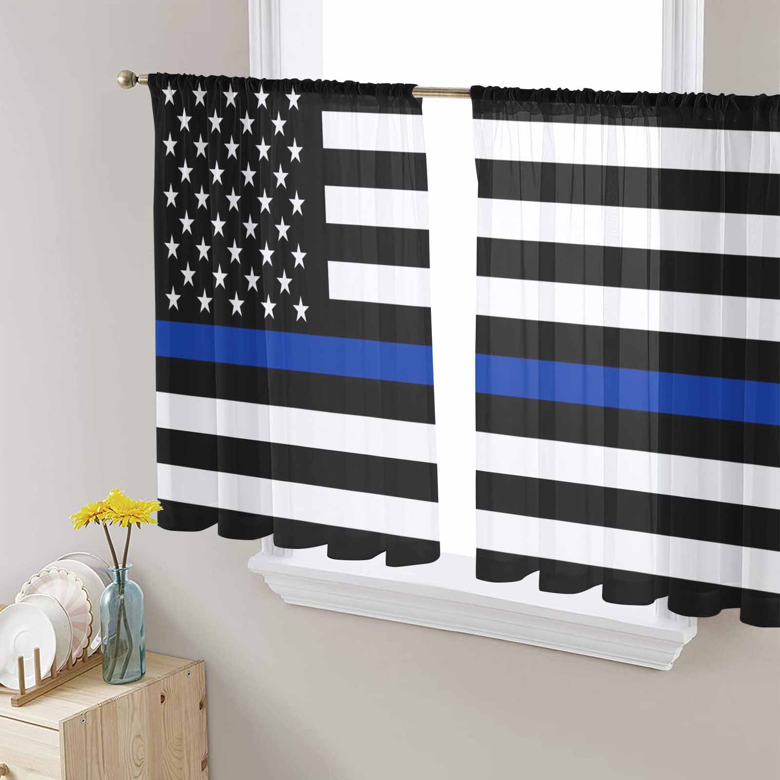 Blue American Flag Sheer Curtains 54 Inches Length 2 Panels Set, Window ...