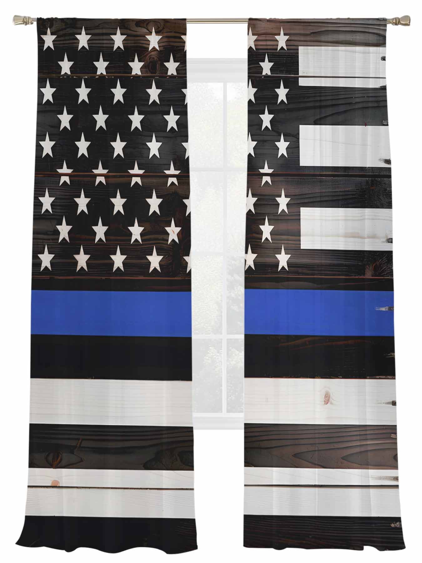 Blue American Flag Sheer Curtains 84 Inch Length 2 Panels Set, Semi ...