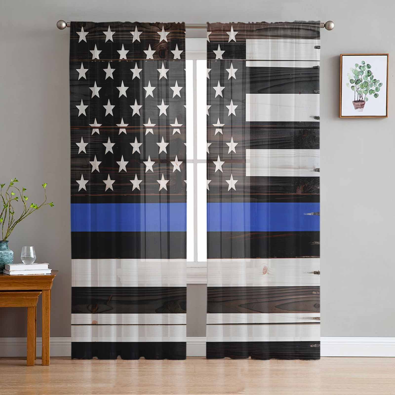 Blue American Flag Sheer Curtains 84 Inches Long 2 Panels Set, Window ...