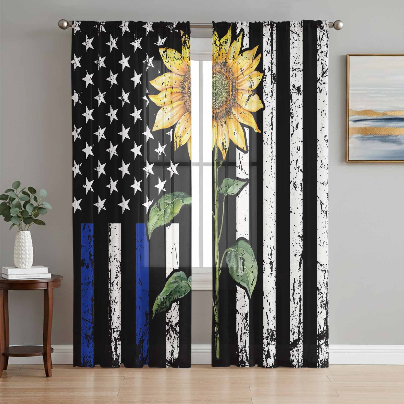 Blue American Flag Sheer Curtains 96 Inch Length 2 Panels Set ...