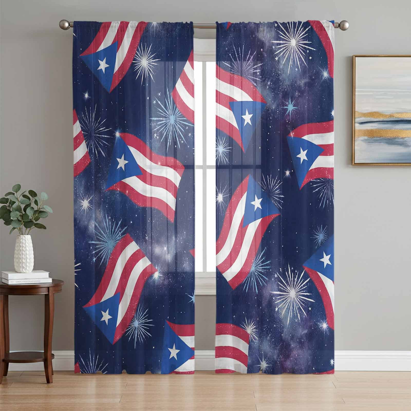 Blue American Flag Sheer Curtains for Living Room Bedroom Fireworks USA ...
