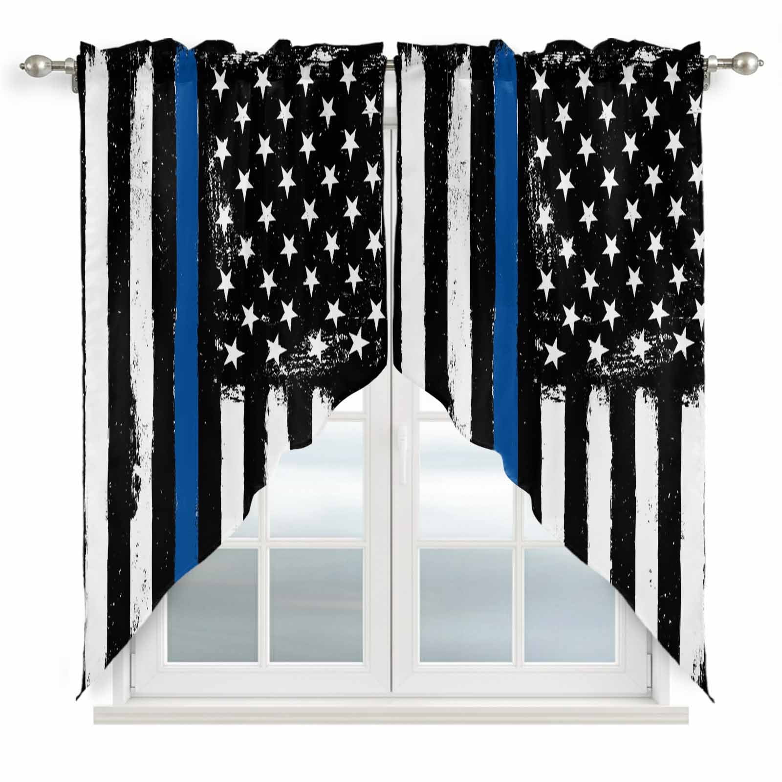 Blue American Flag Swag Curtain Valances, Black White Stars Stripe US ...