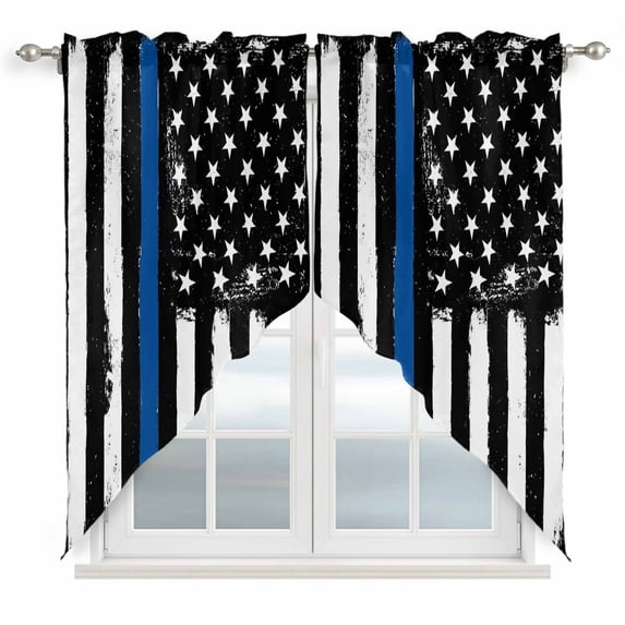 Blue American Flag Swag Curtain Valances, Black White Stars Stripe US ...