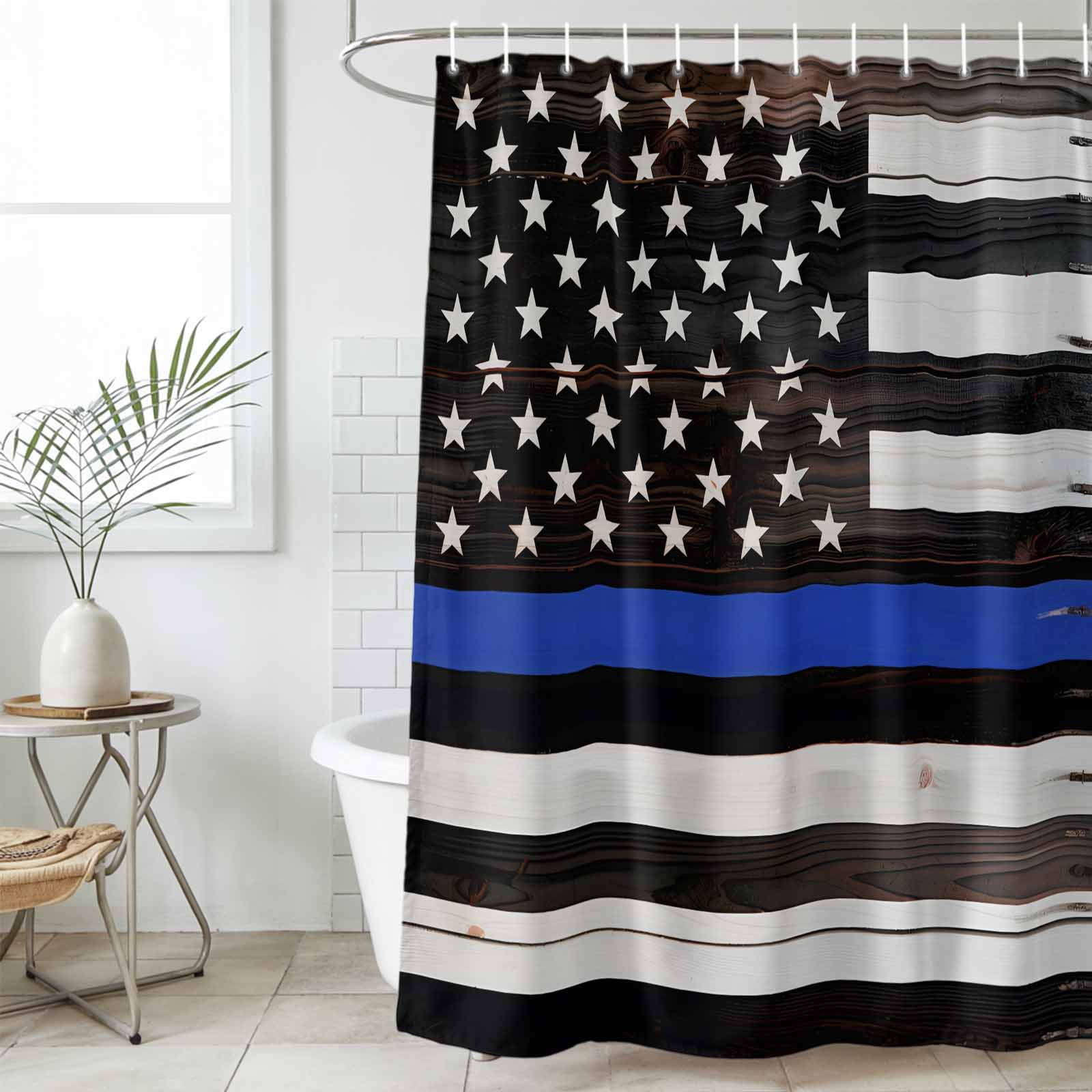 Blue American Flag Waterproof Fabric Shower Curtain,Black White Stripe US Flag Retro Wooden ...