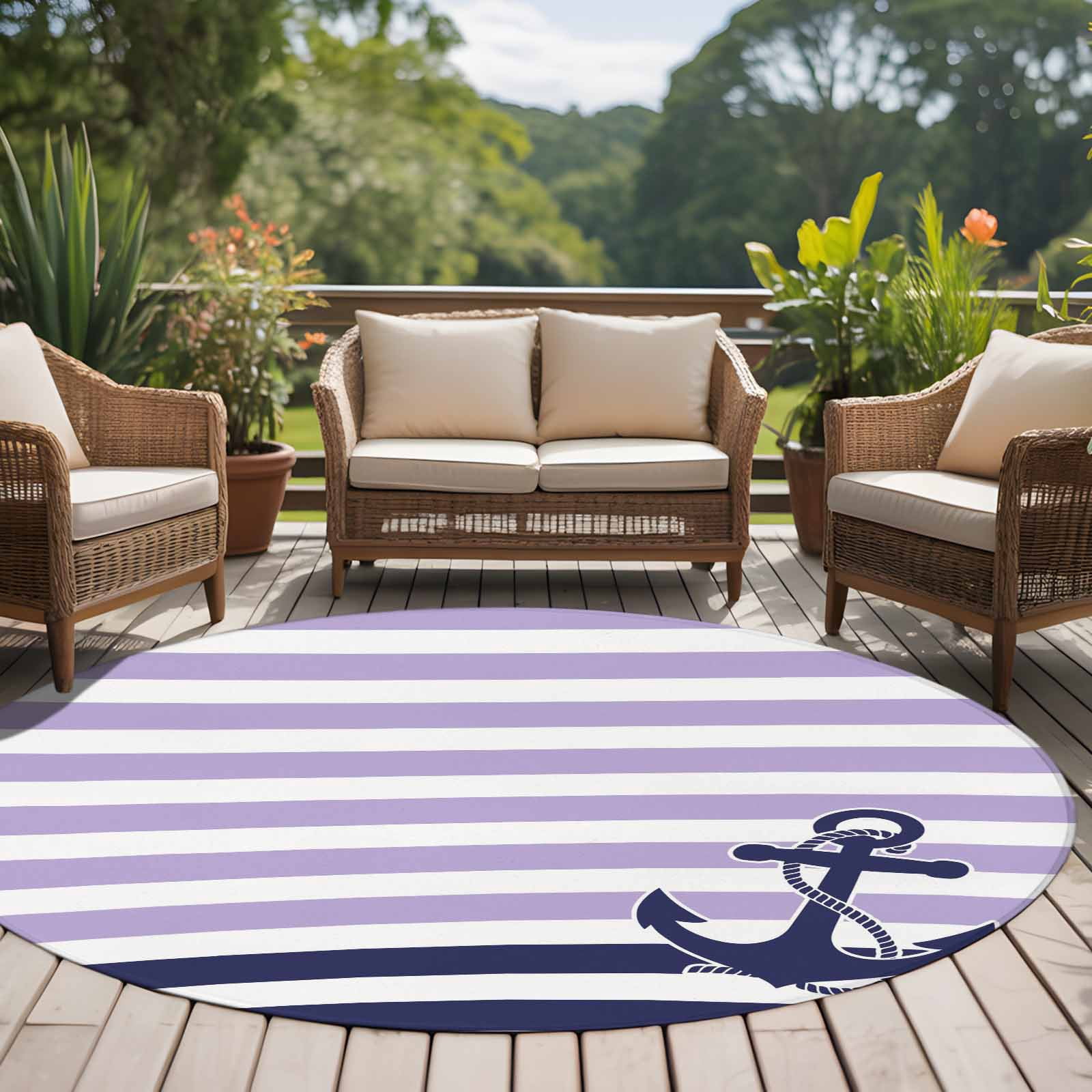 Blue Anchor 6ft Round Rug for Living Room Under Coffee Table, Costal ...