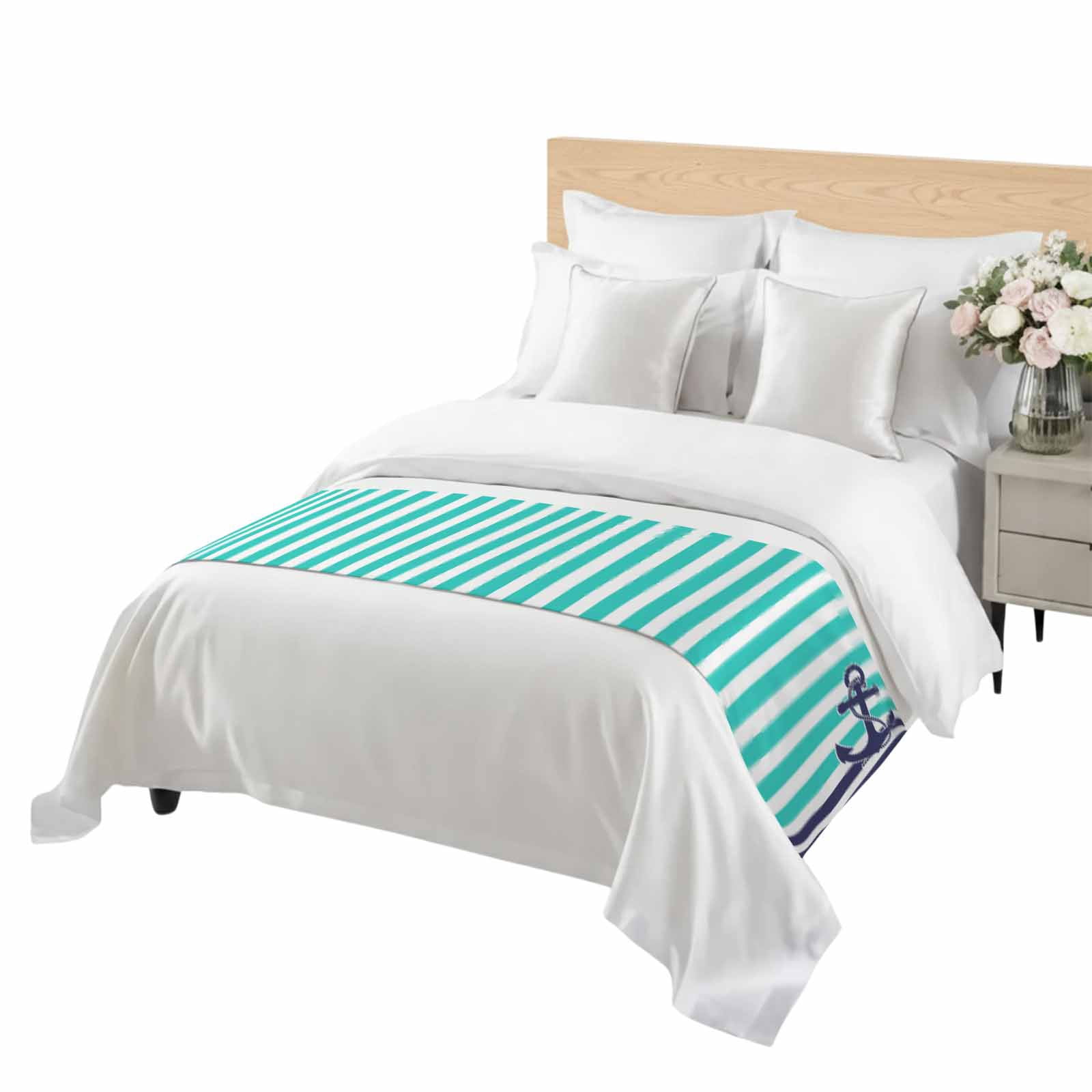 Blue Anchor Bed Runner King Size Costal Turquoise White Blue Stripes ...