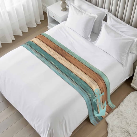 Blue Anchor Bed Runner Scarf, Turquoise Brown Wood Grain Retro Strip ...