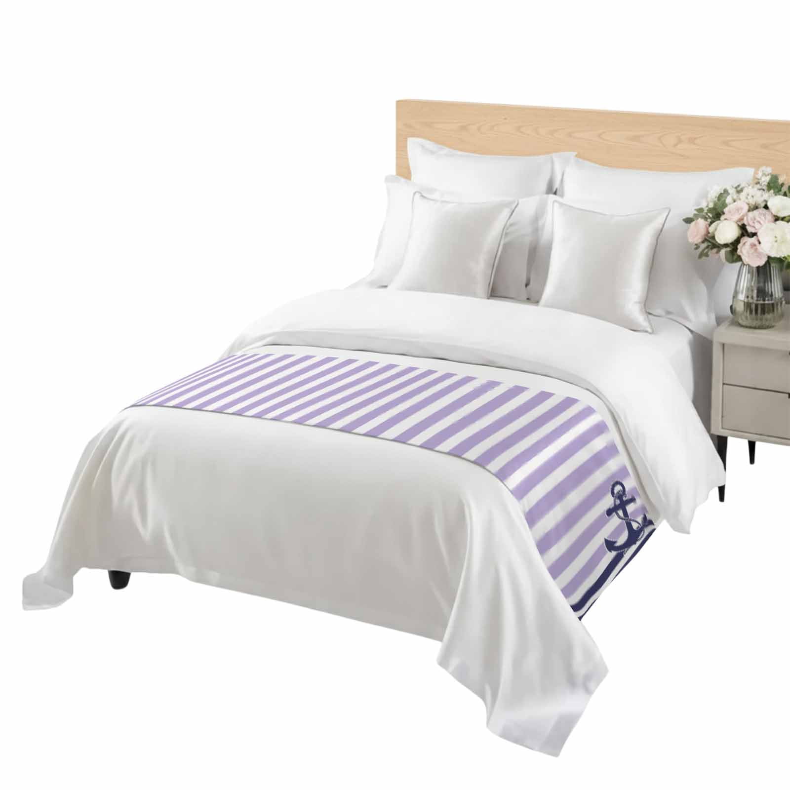 Blue Anchor Bed Runner for Twin Size Bed, Costal Purple White Blue ...
