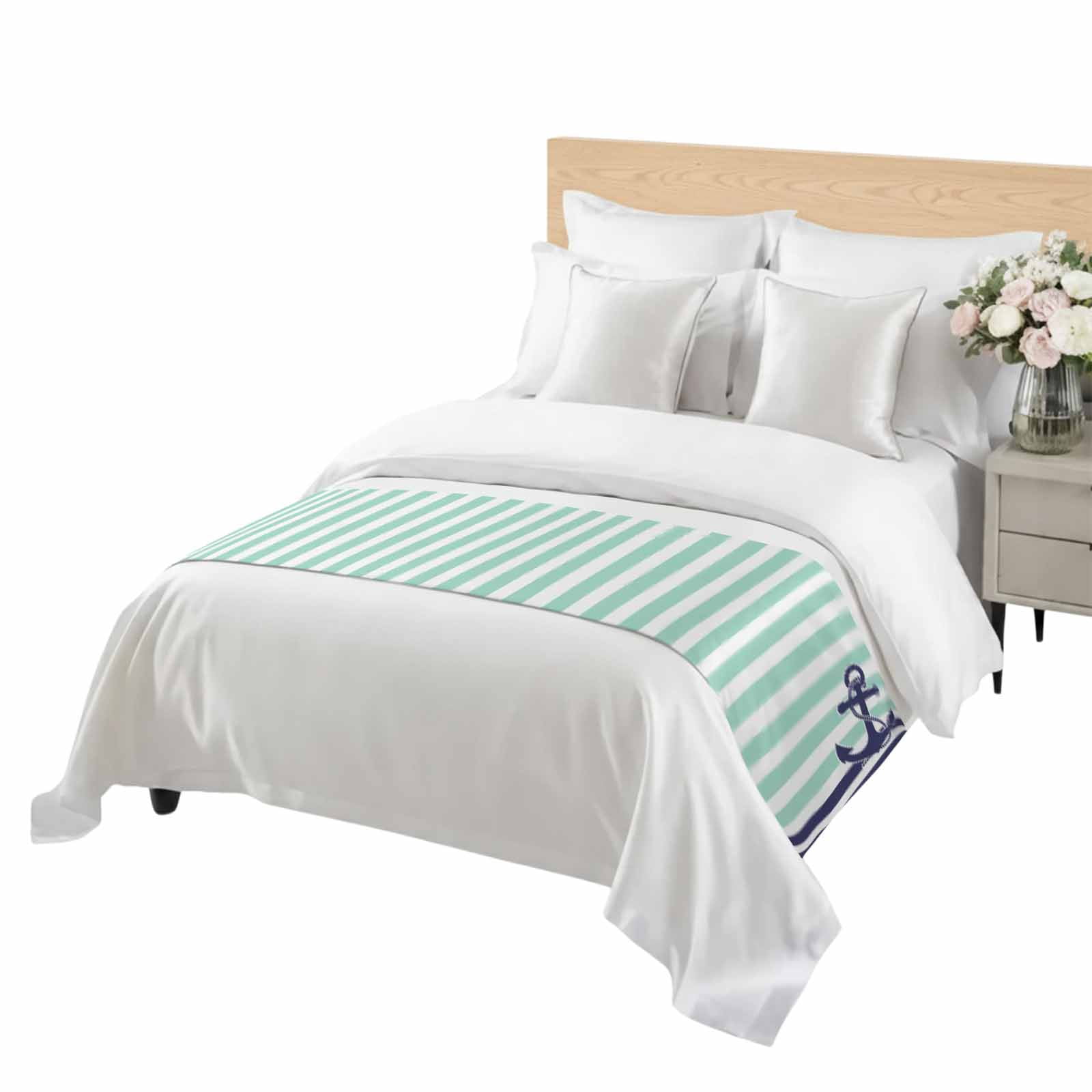Blue Anchor Bed Runner Twin Size Costal Mint Green White Stripes ...