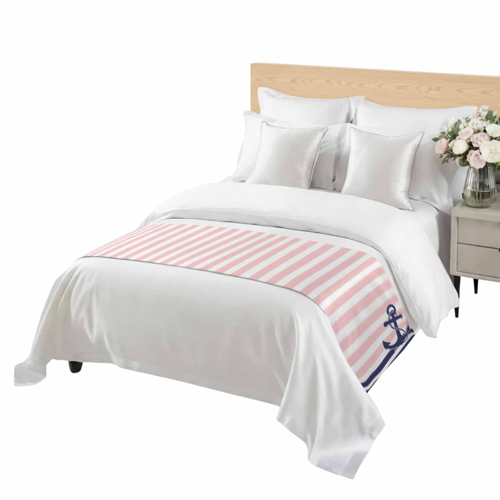 Blue Anchor Bed Runner Twin Size Costal Pink White Blue Stripes ...