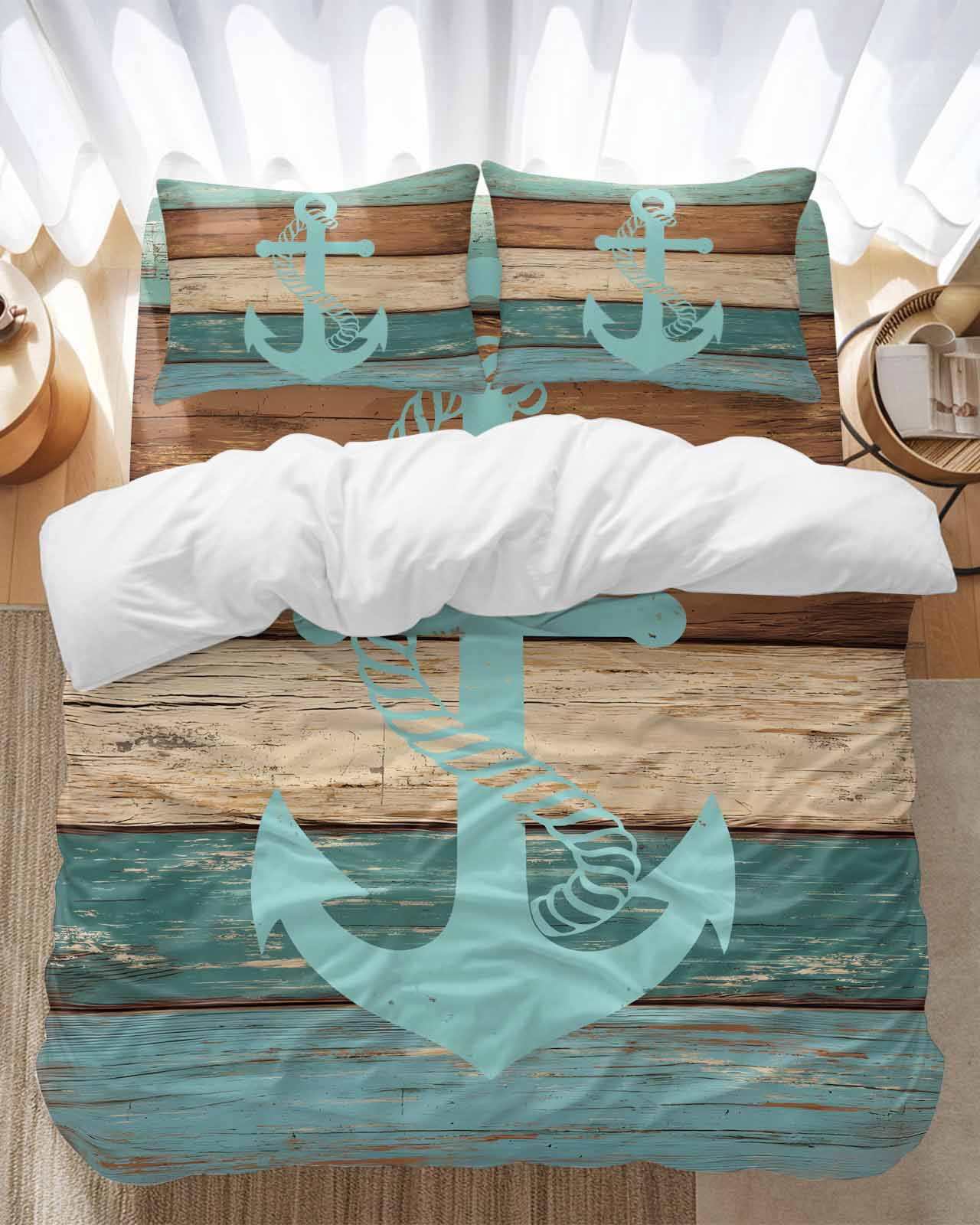 Blue Anchor Bedding Duvet Cover Set King Size 4 Pieces Turquoise Brown ...
