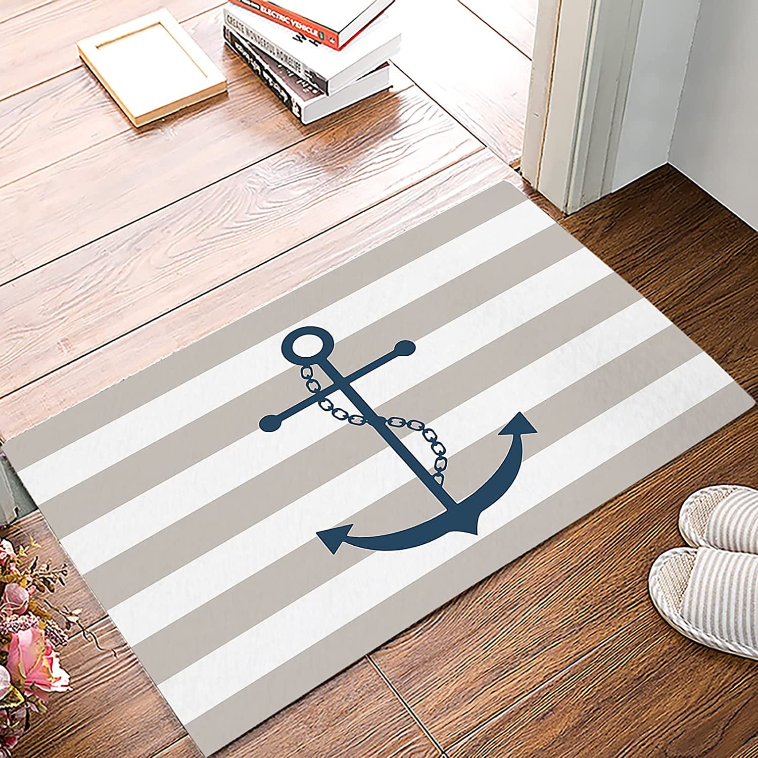 Blue Anchor Beige White Stripes Fashion Pattern Indoor Doormat Non-Slip ...