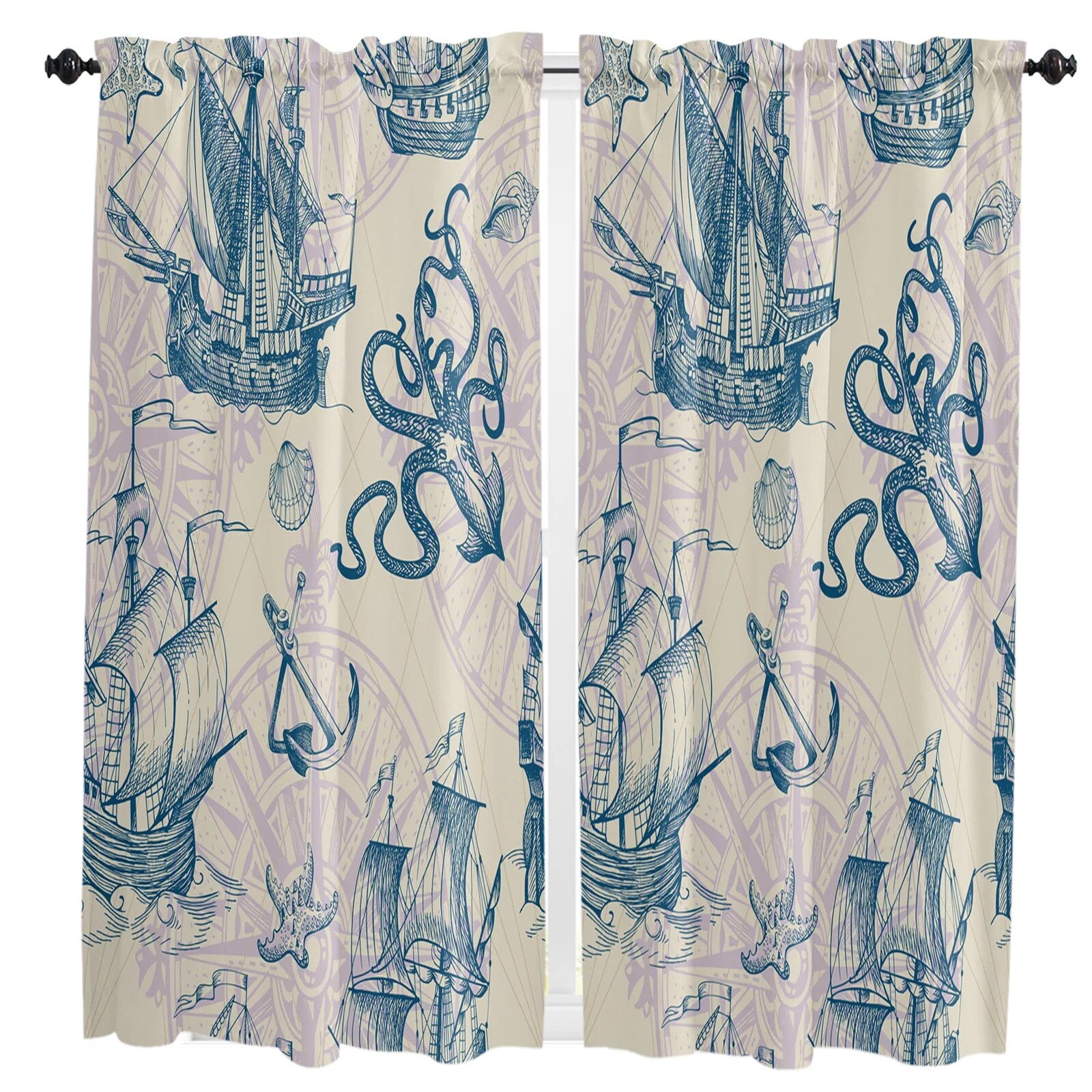 Blue Anchor Boat Fish Curtains For Living Room Kitchen Curtain Bedroom ...