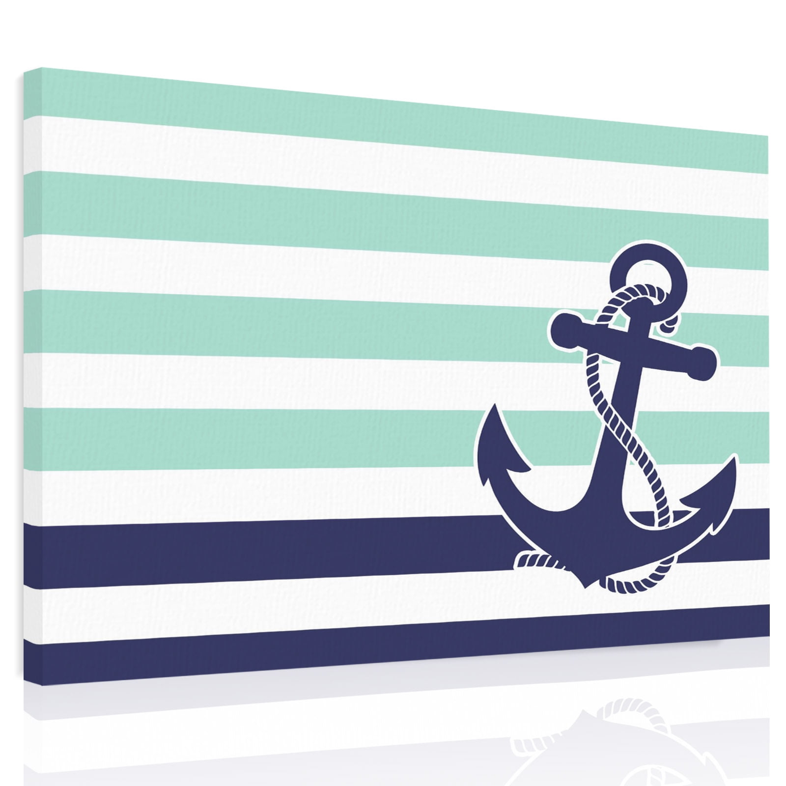 Blue Anchor Canvas Print Wall Art, Costal Mint Green White Stripes ...