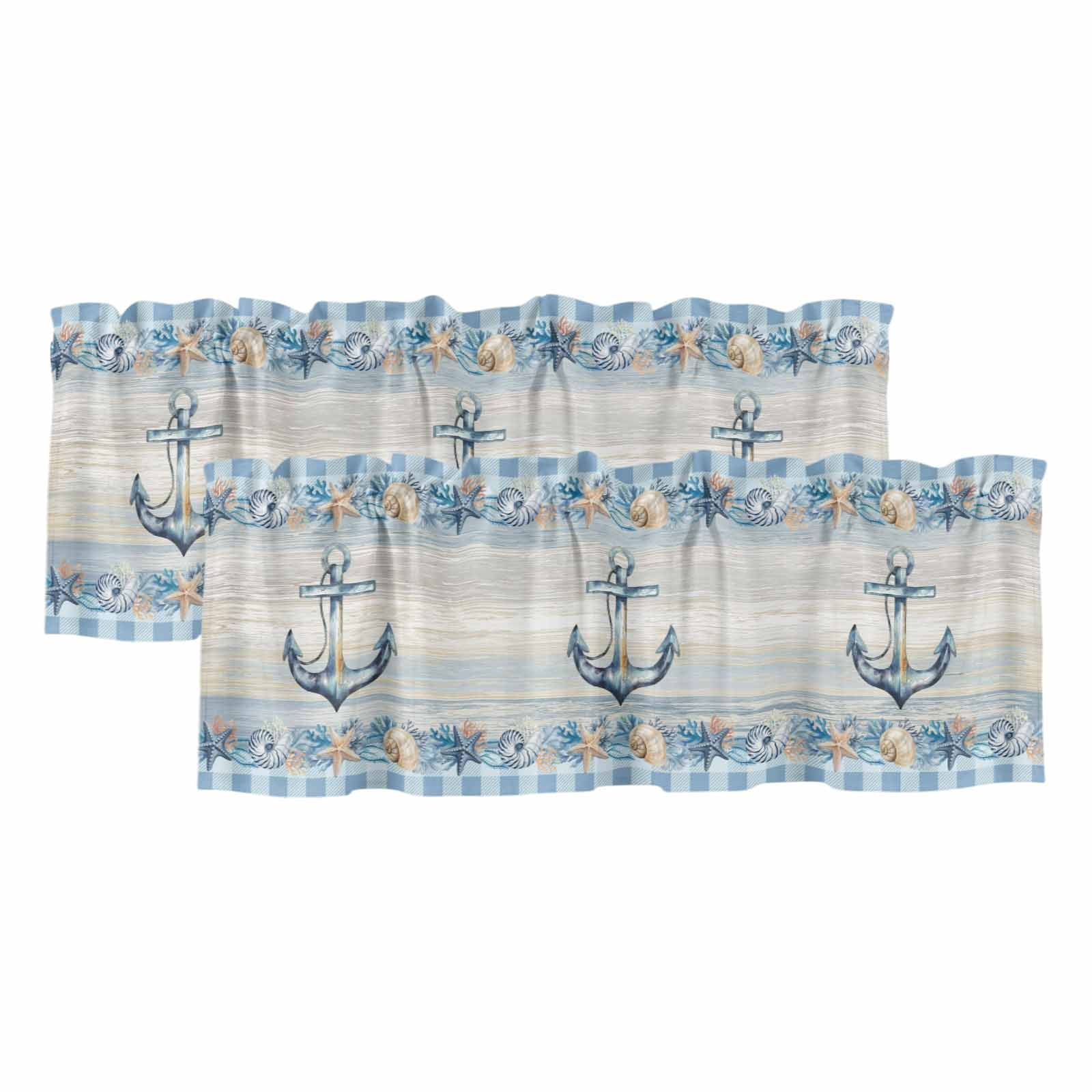 Blue Anchor Coastal 2 Panels Kitchen Valance, Summer Starfish Beach ...