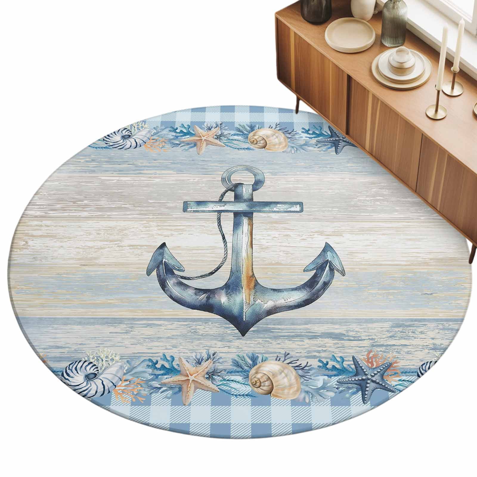 Blue Anchor Coastal Area Rugs 3' (Round) Summer Starfish Beach Coral ...